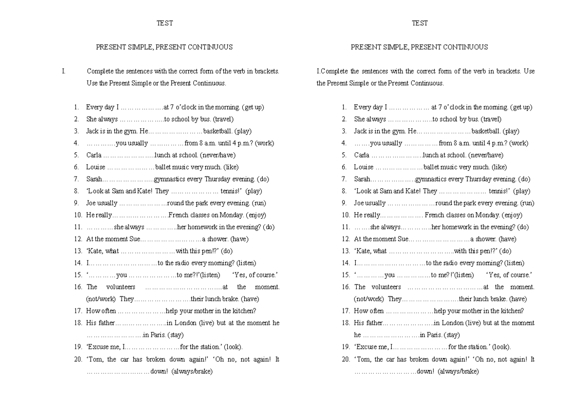 Pr Simp Pr Cont 1TA - Present Simple & Continuous Exercises - Studocu