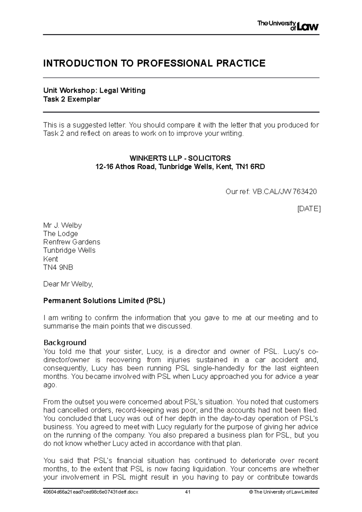 Legal writing task exemplar - INTRODUCTION TO PROFESSIONAL PRACTICE ...