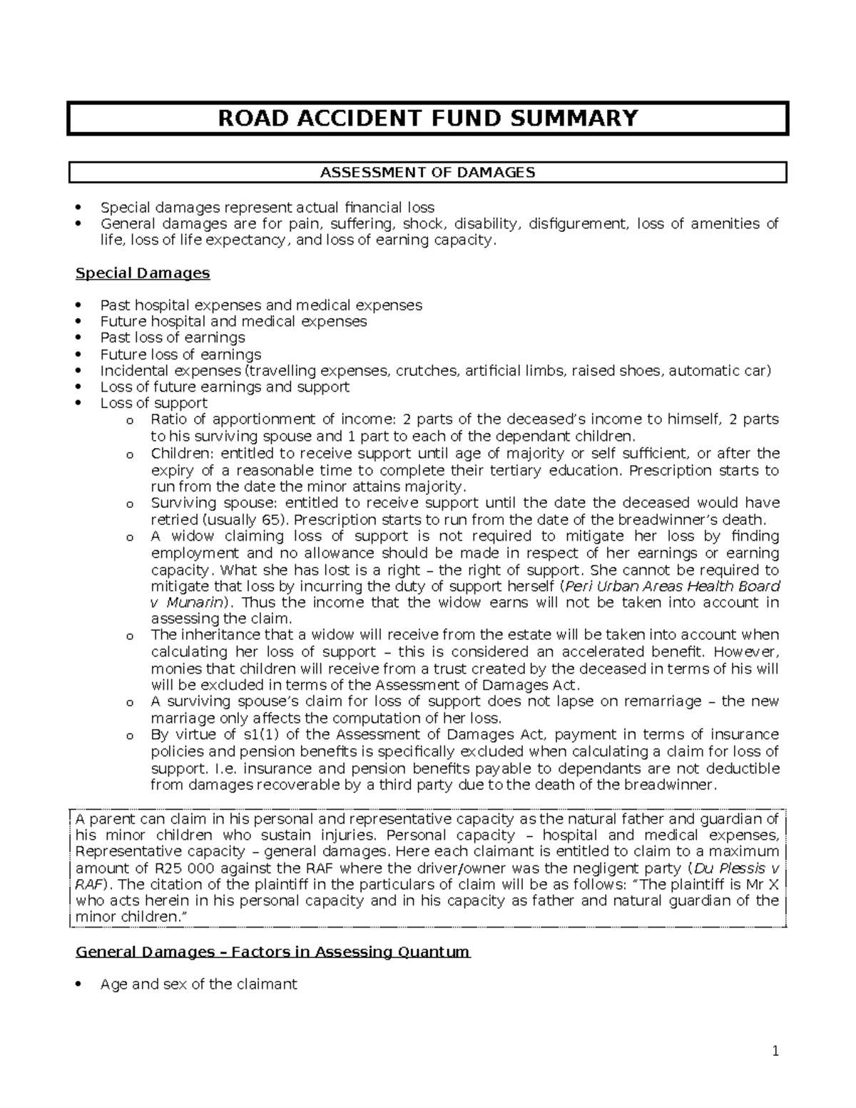 Road Accident Fund (RAF) Summary: Assessment of Damages - Studocu