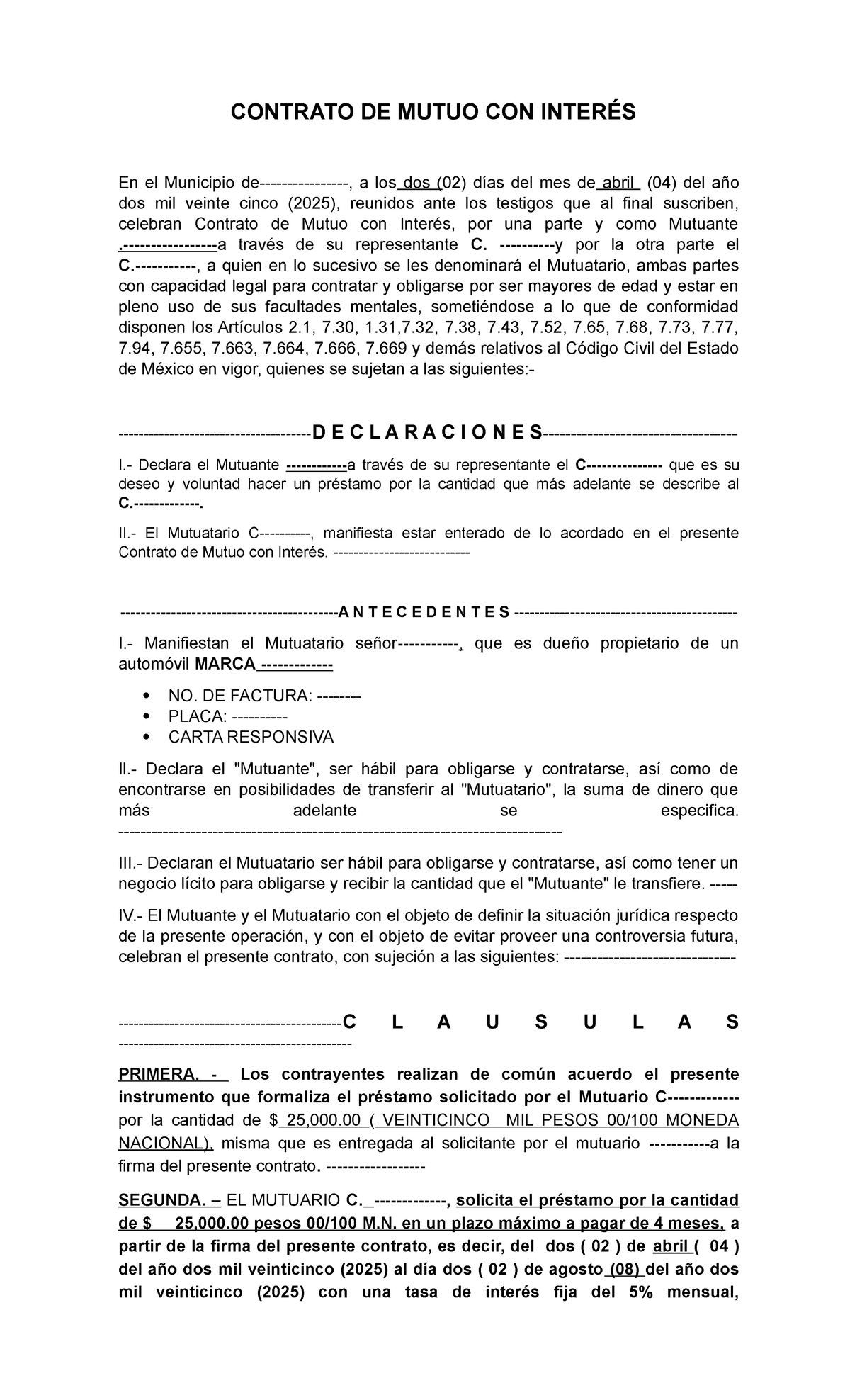 Contrato DE Mutuo CON Interés Blanco - CONTRATO DE MUTUO CON INTERÉS En ...