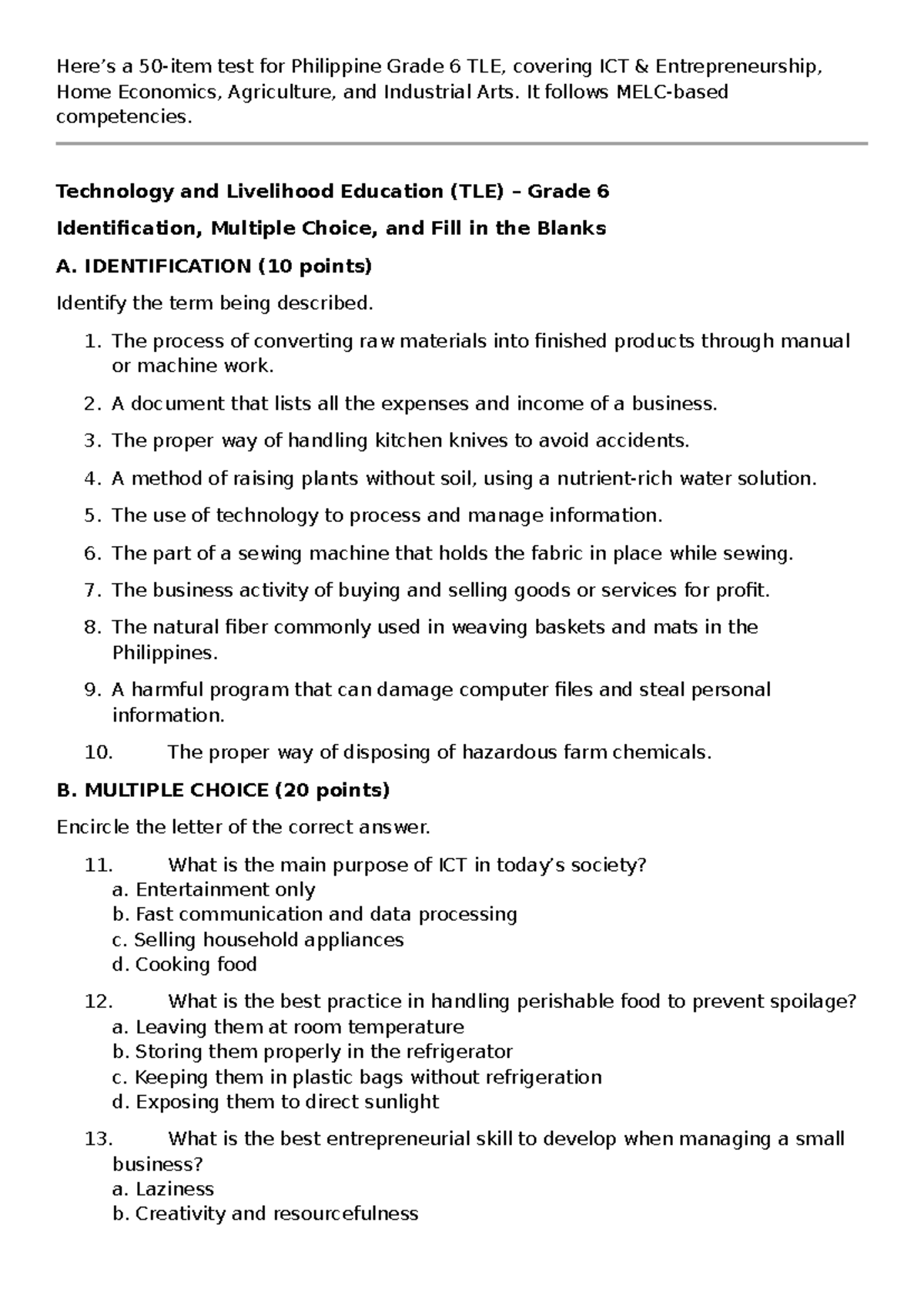 TLE Grade 6 Quiz - 50-item Assessment on ICT & Entrepreneurship - Studocu