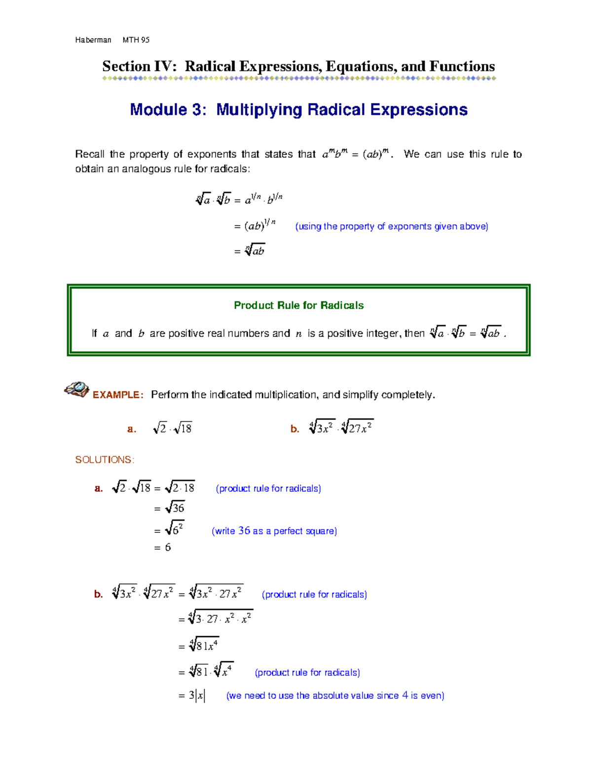 MTH 95 Final Exam: Module 3 - Multiplying Radical Expressions - Studocu