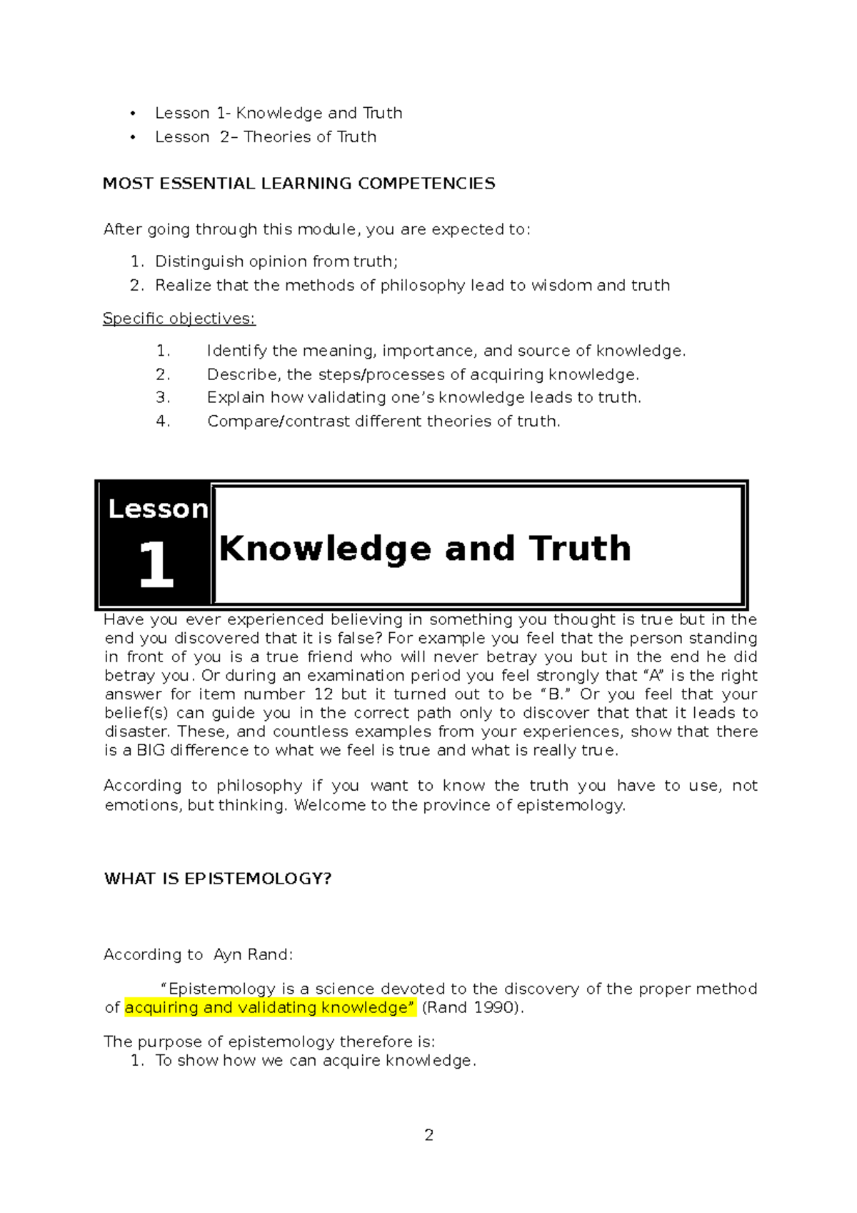 3. Knowledge and Truth - Epistemology Overview and Analysis - Studocu