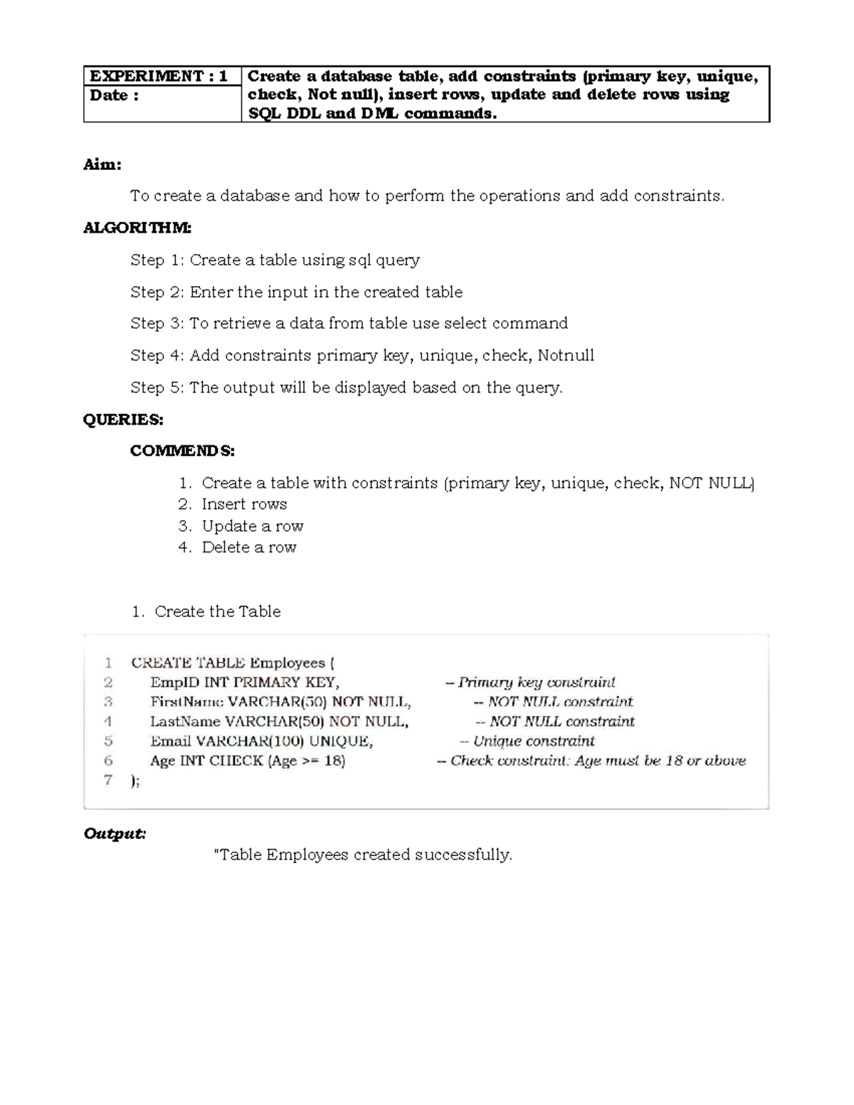 CS3481 - DBMS Lab Manual: SQL DDL & DML Operations with Constraints - Studocu