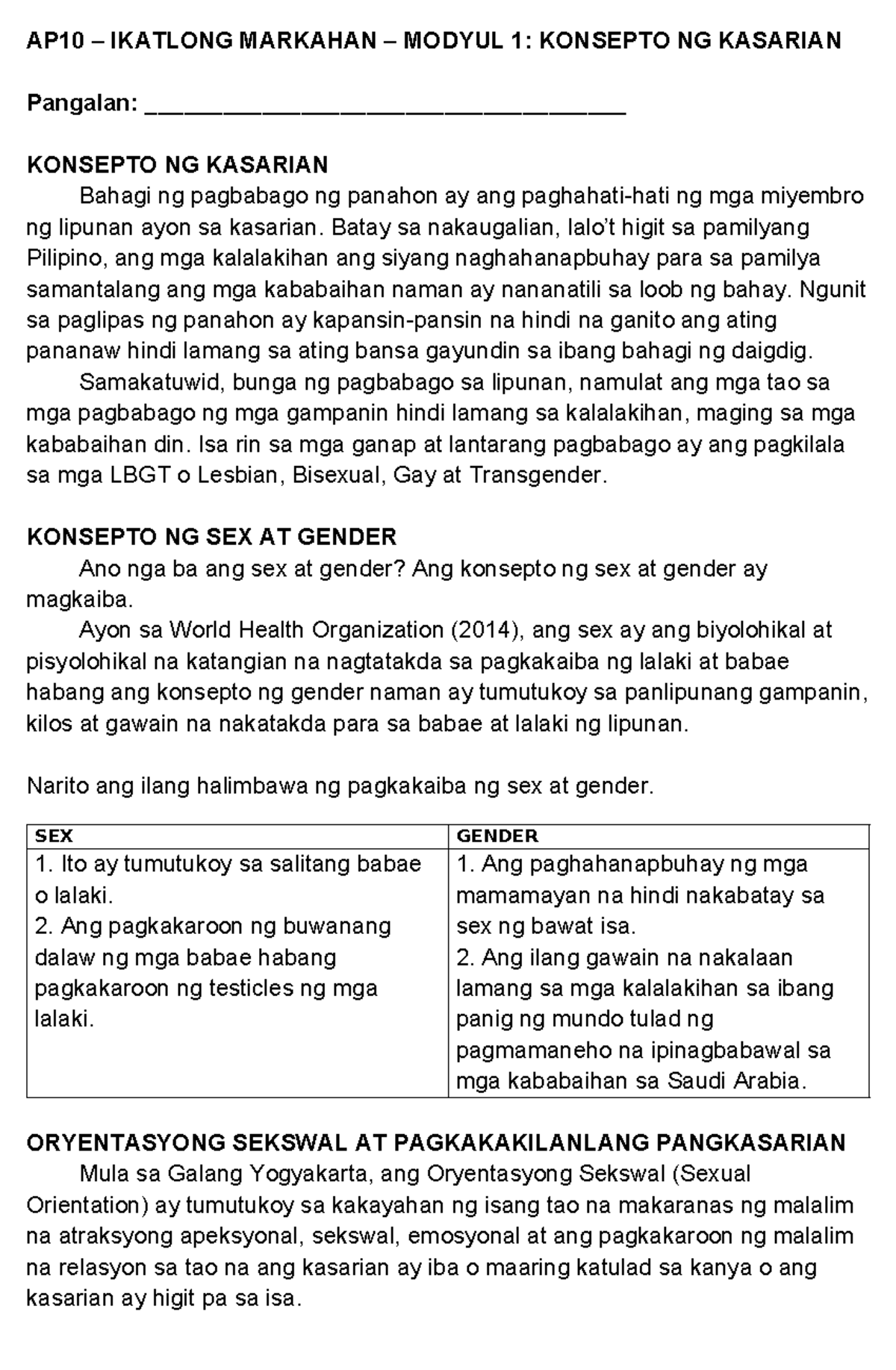AP10 M1 3rd Qtr - Konsepto ng Kasarian at Oryentasyong Sekswal - Studocu