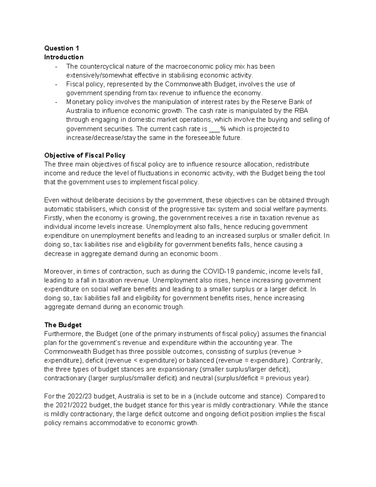 Eco 101 Essay: The Role of Fiscal and Monetary Policy in Economic ...