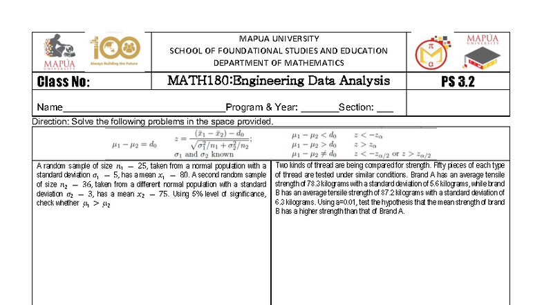 MATH180: Engineering Data Analysis Problem Set 3.2 Solutions - Studocu