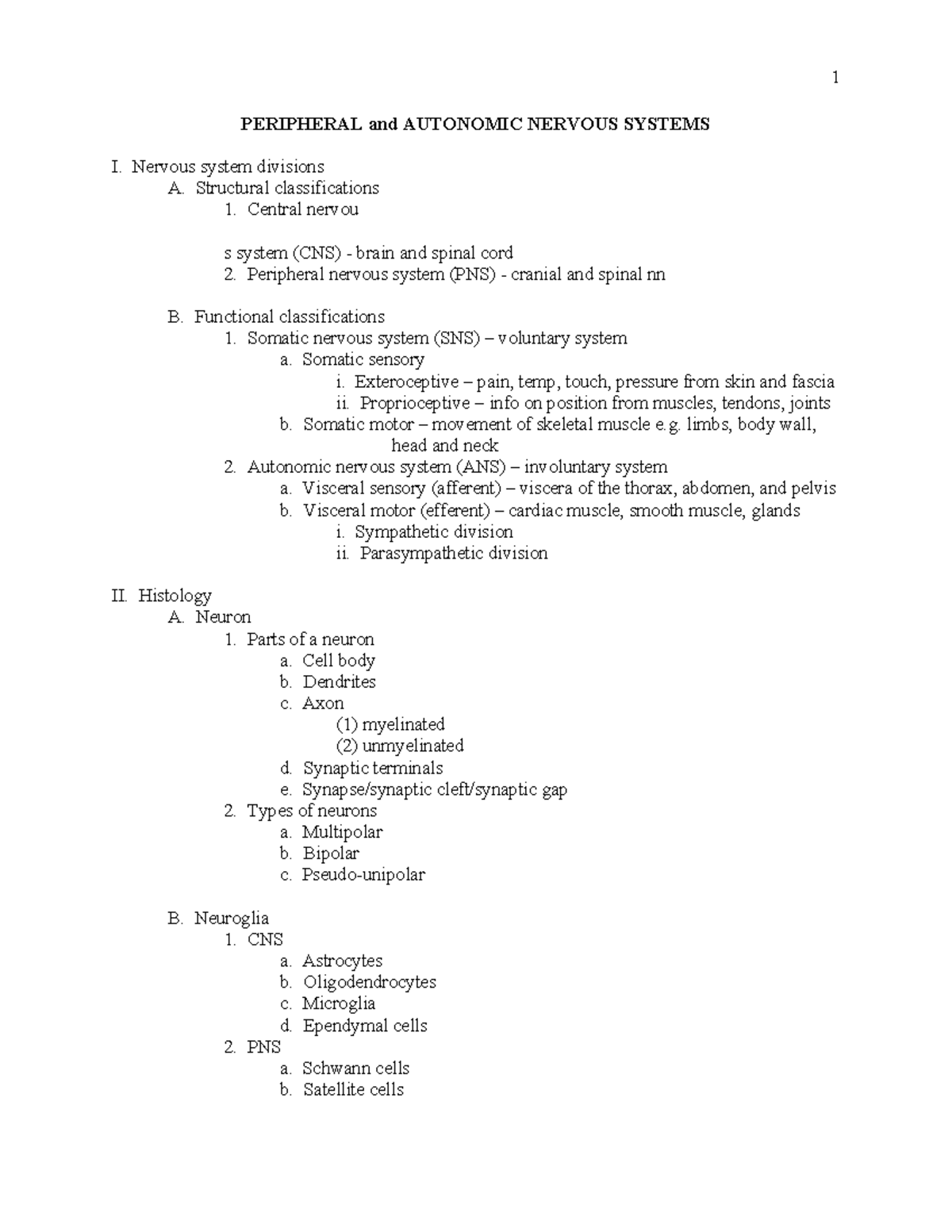 6 & 7. HGA PNS ANS - Peripheral and Autonomic Nervous Systems Notes ...