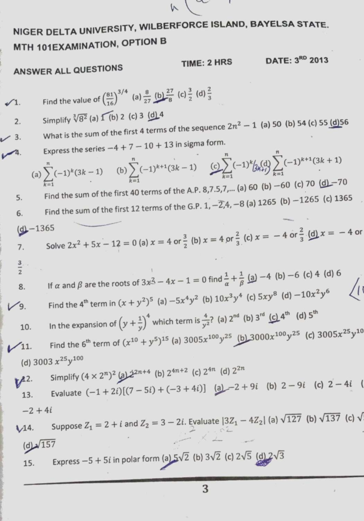 MTH 101 Final Exam Past Questions - NDU Wilberforce Island - Studocu