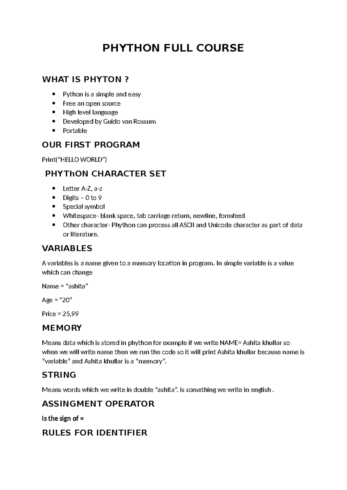 PHYTHON 101: Introduction to Python Programming Basics - Studocu