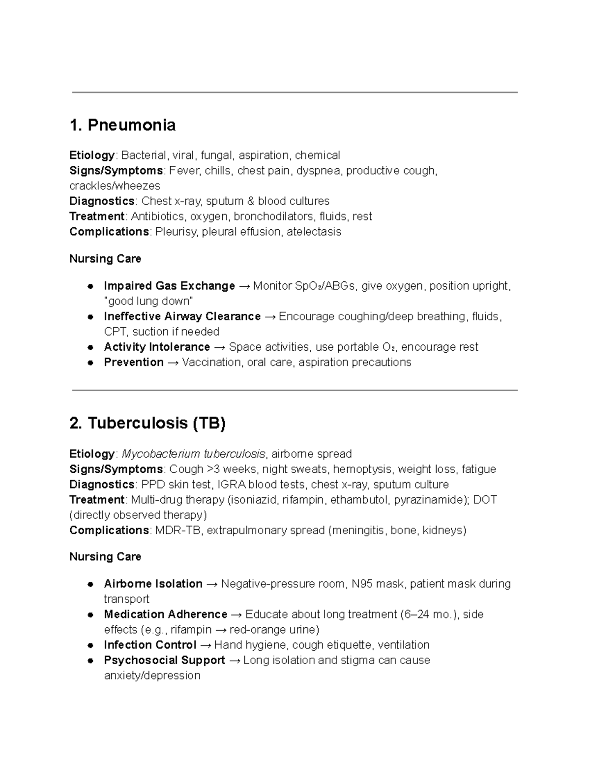 Nursing Care Notes for Respiratory Conditions: Pneumonia, TB, COPD ...