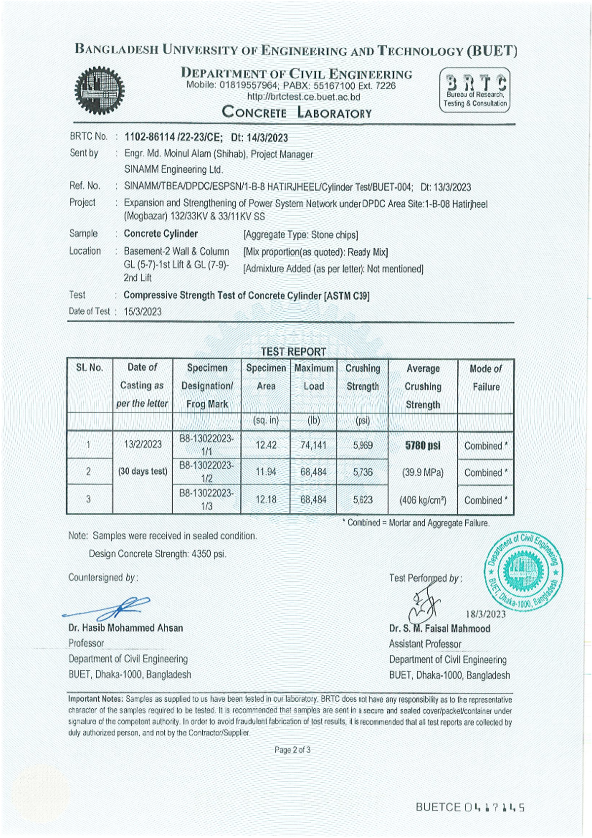 BUET CE Compressive Strength Test Report for Concrete Cylinders - Studocu