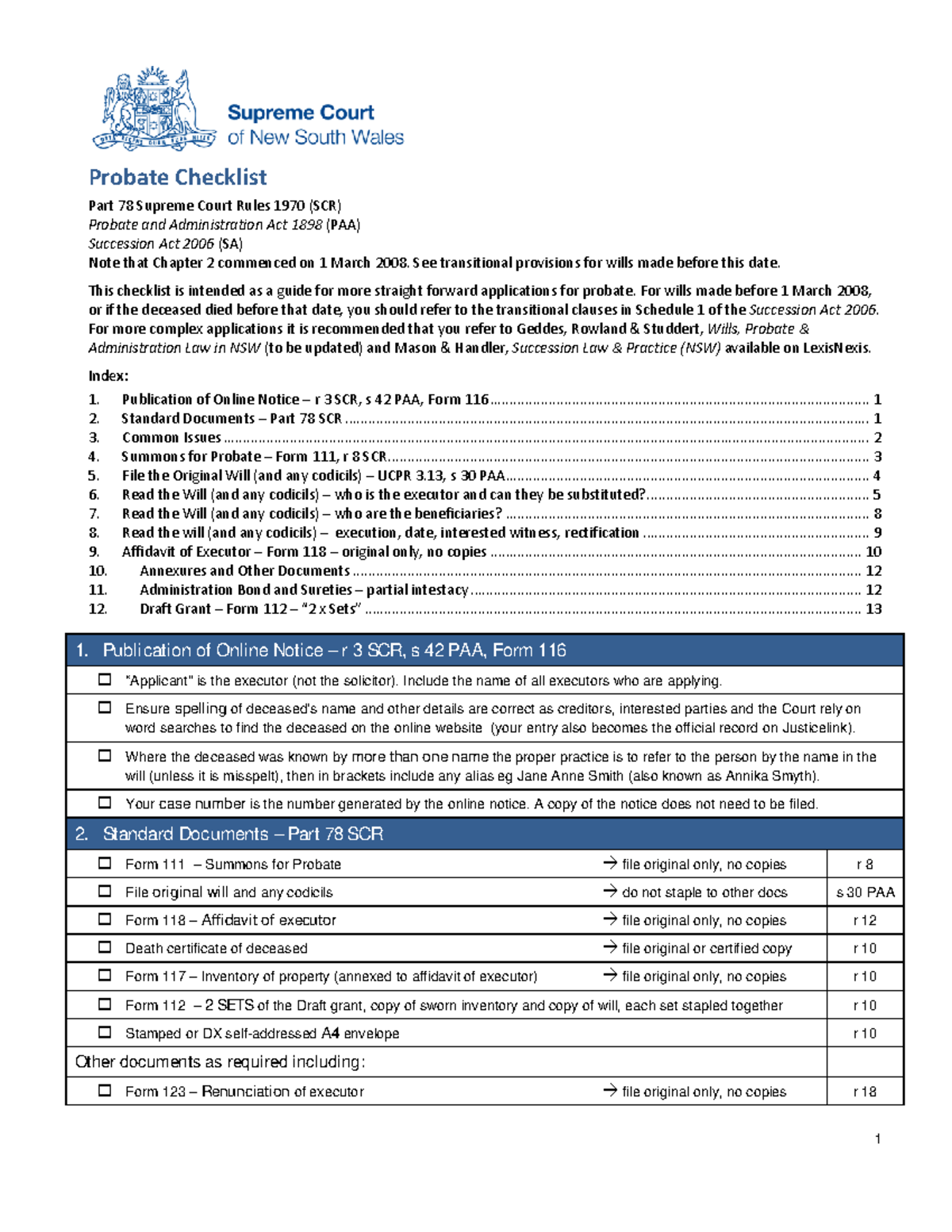 Probate Checklist & Practical Notes (SCR Part 78, PAA 1898) - Studocu