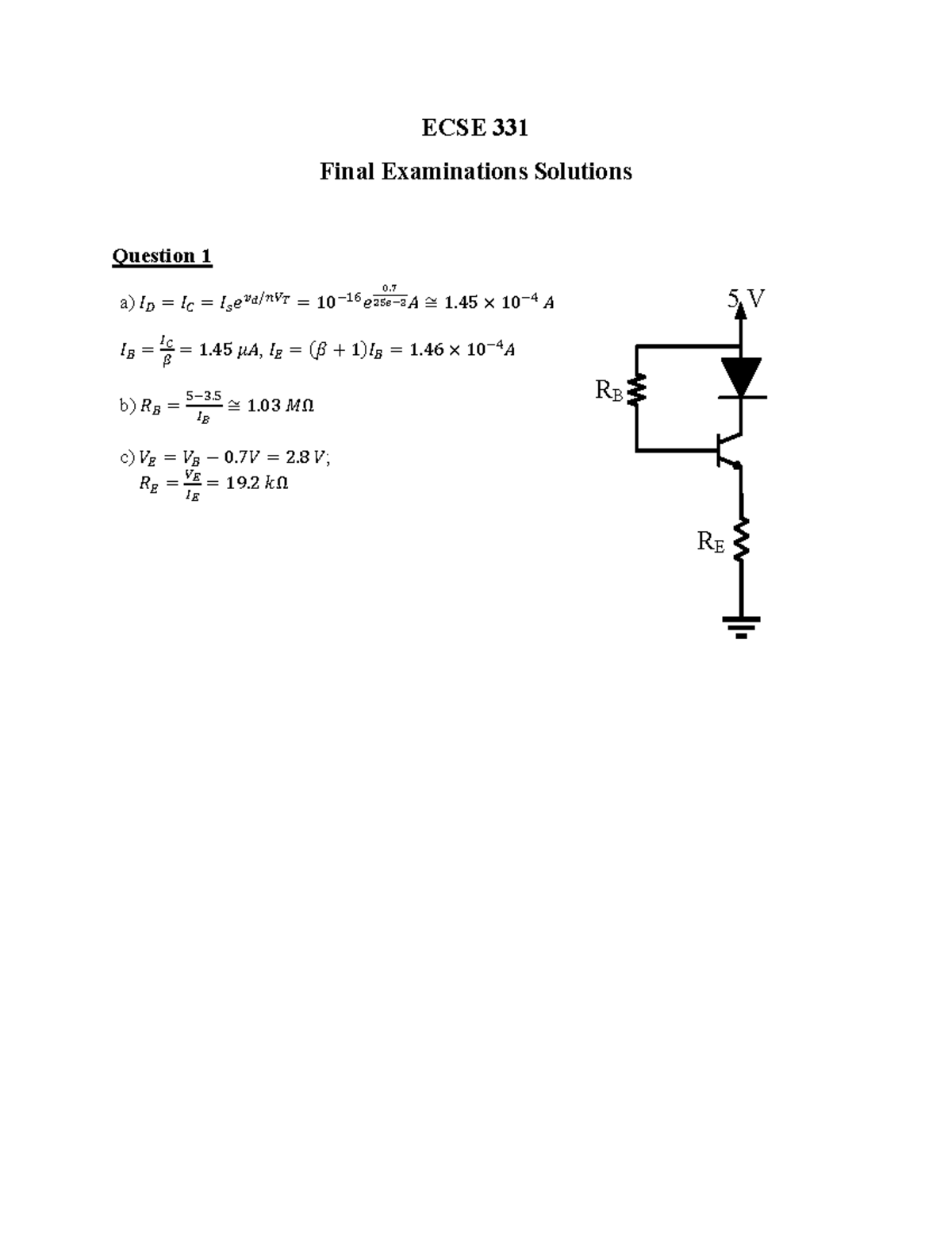 ECSE 331 Final Exam Solutions: Transistor Circuit Analysis - Studocu