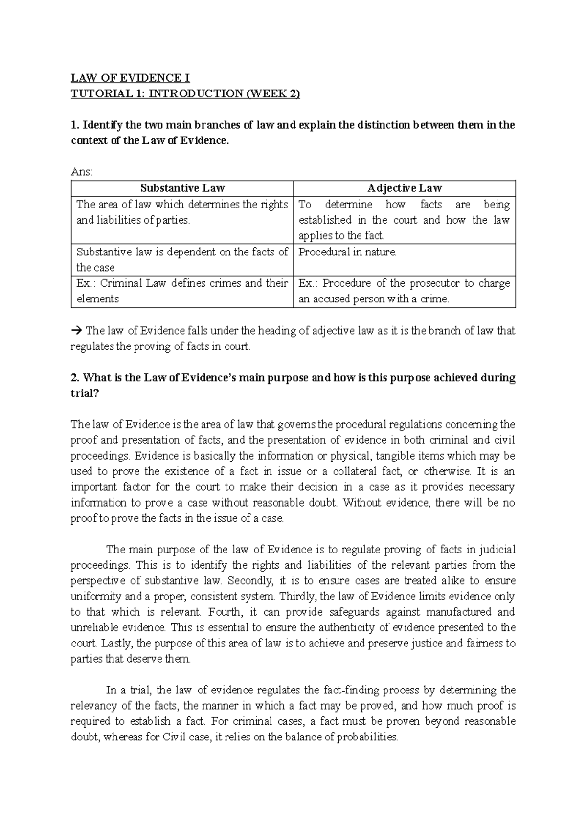 Tutorial 1 Introduction - LAW OF EVIDENCE I TUTORIAL 1: INTRODUCTION ...