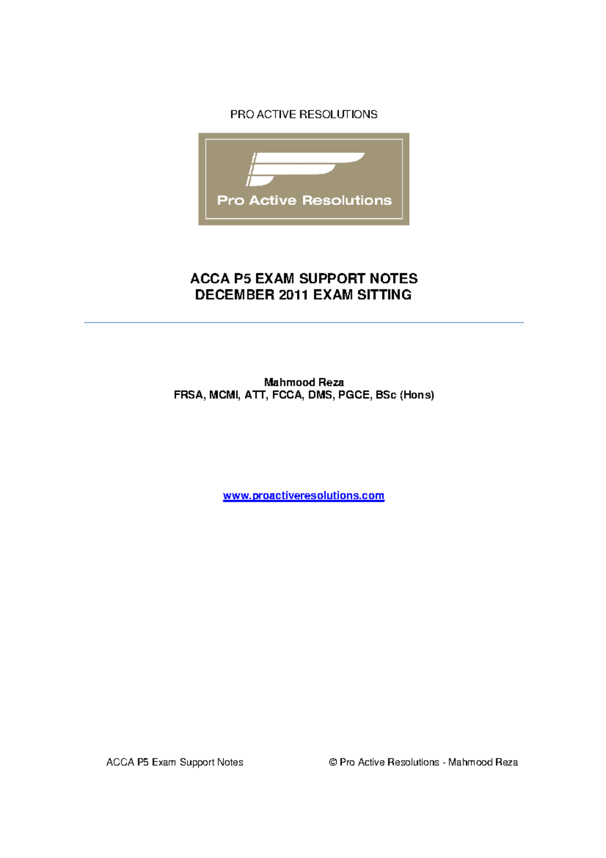 ACCA P5 Exam Notes: Insights and Guidance for December 2011 Exam - Studocu