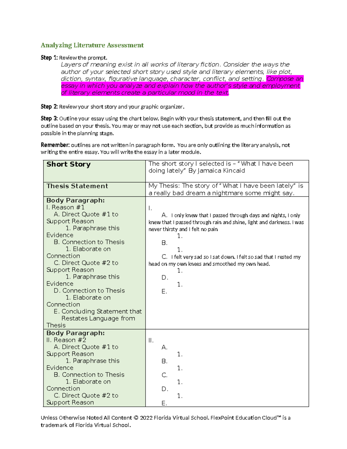 Analyzing literature assess rubric - Analyzing Literature Assessment ...