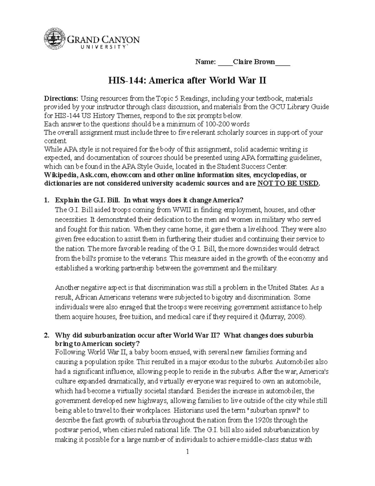 HIS-144 America After WWII: Key Themes & Insights Worksheet - Studocu