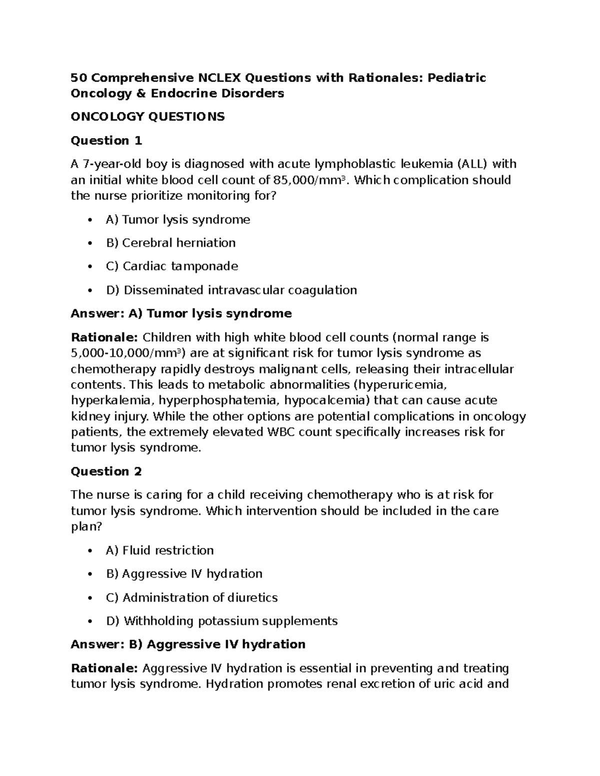 50 Comprehensive NCLEX Questions with Rationales: Pediatric Oncology ...