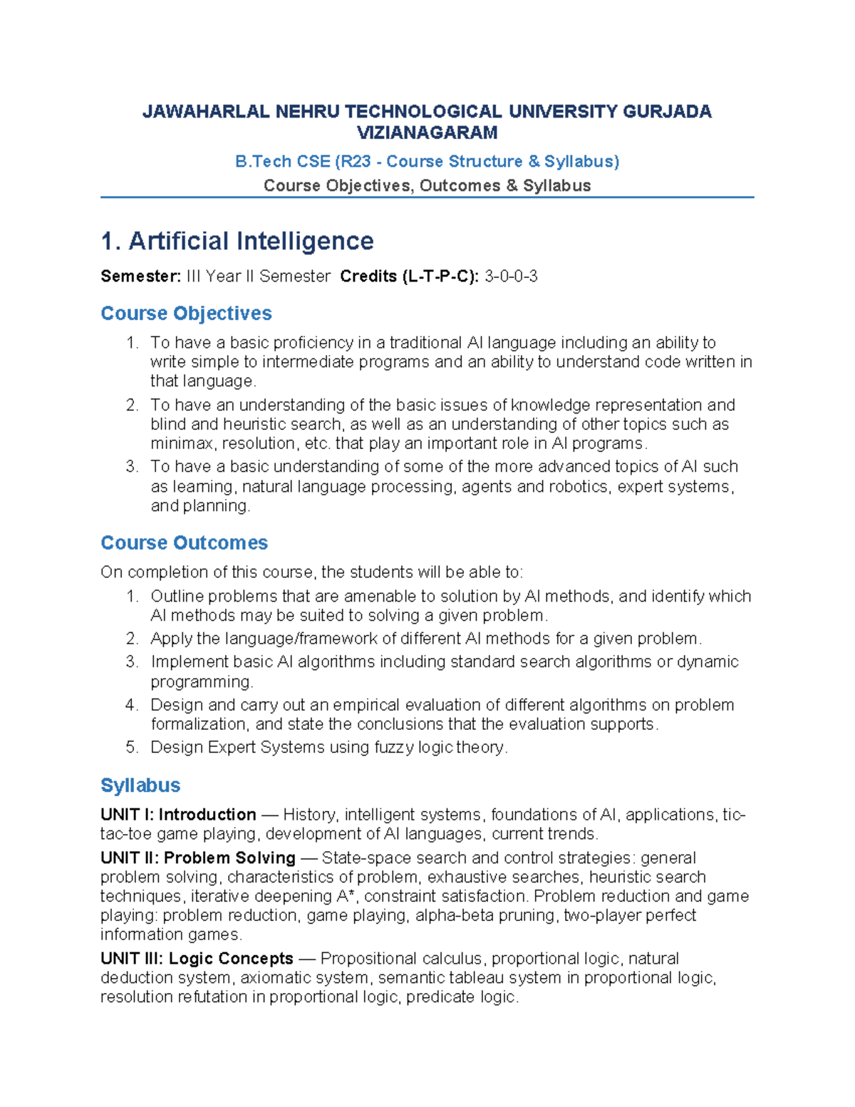 AI & ML Course Details - JNTU GZ - B.Tech CSE (R23) - Studocu