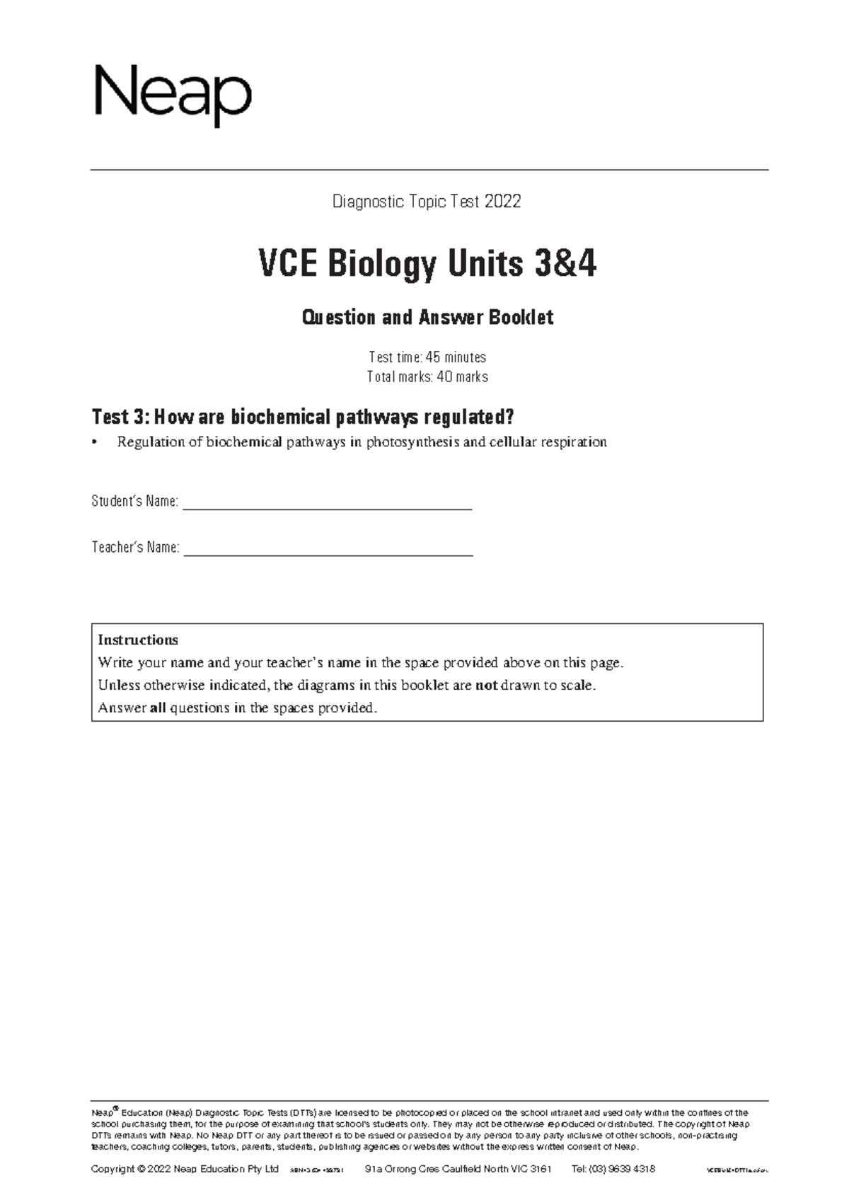 VCE Biology Units 3&4 Diagnostic Topic Test 2022 - Studocu