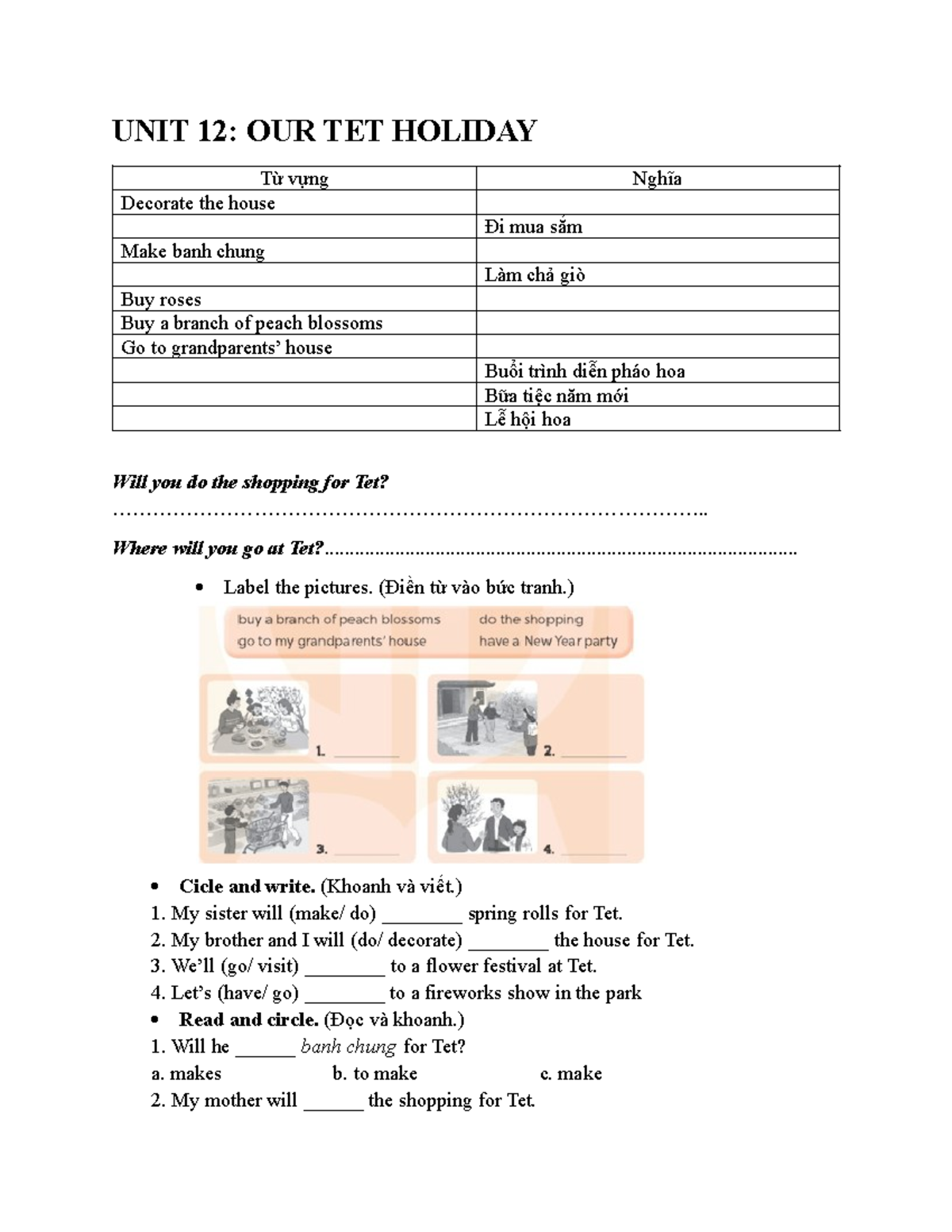UNIT 12: TET HOLIDAY VOCABULARY & ACTIVITIES - Studocu