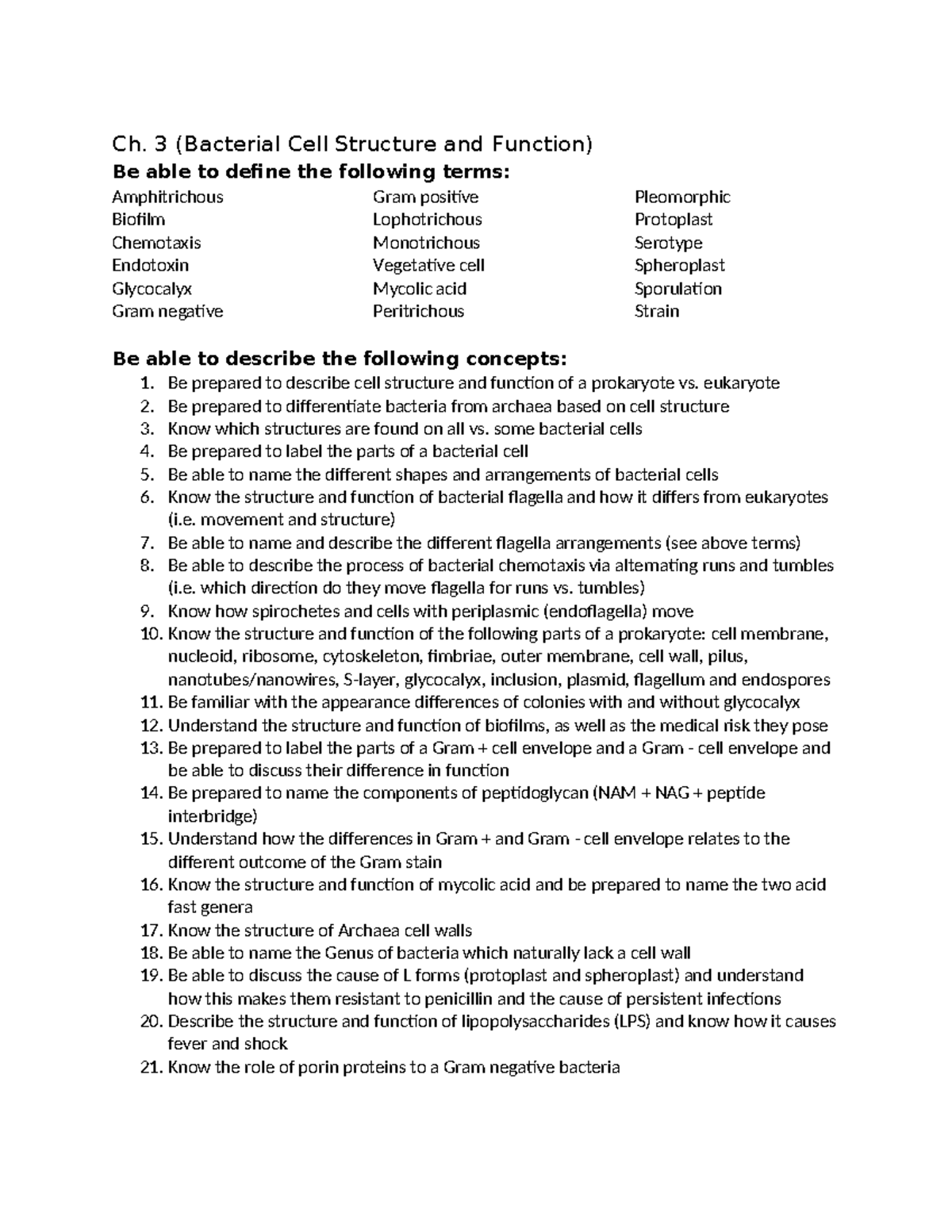 Bacterial Cell Structure and Function - Ch. 3 Study Guide - Ch. 3 (Bacterial Cell Structure and ...