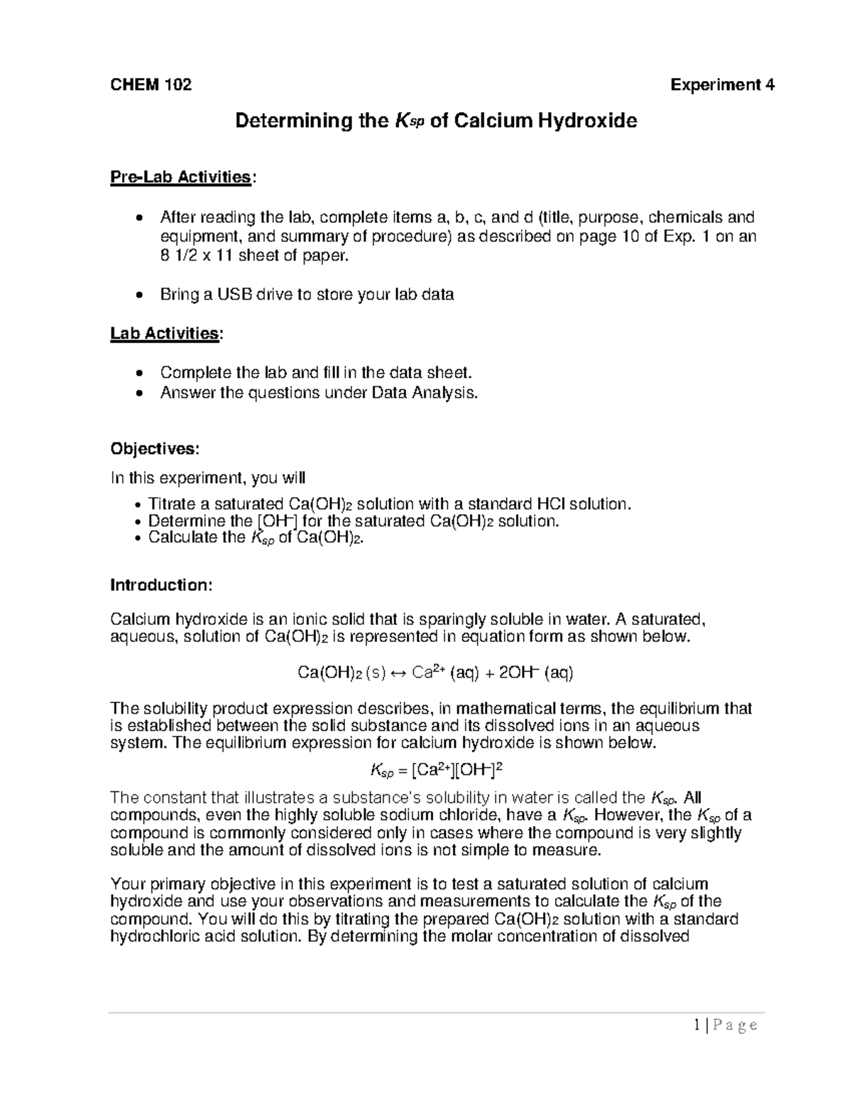 CHEM 102 Exp 4: Determining Ksp of Calcium Hydroxide via Titration ...