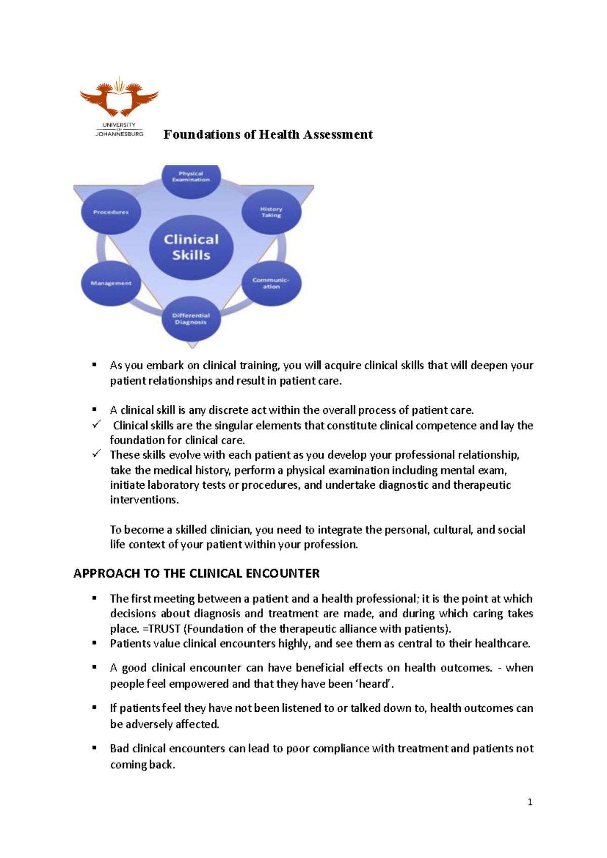 Approach to Clinical Encounters: Health Assessment Notes - Studocu