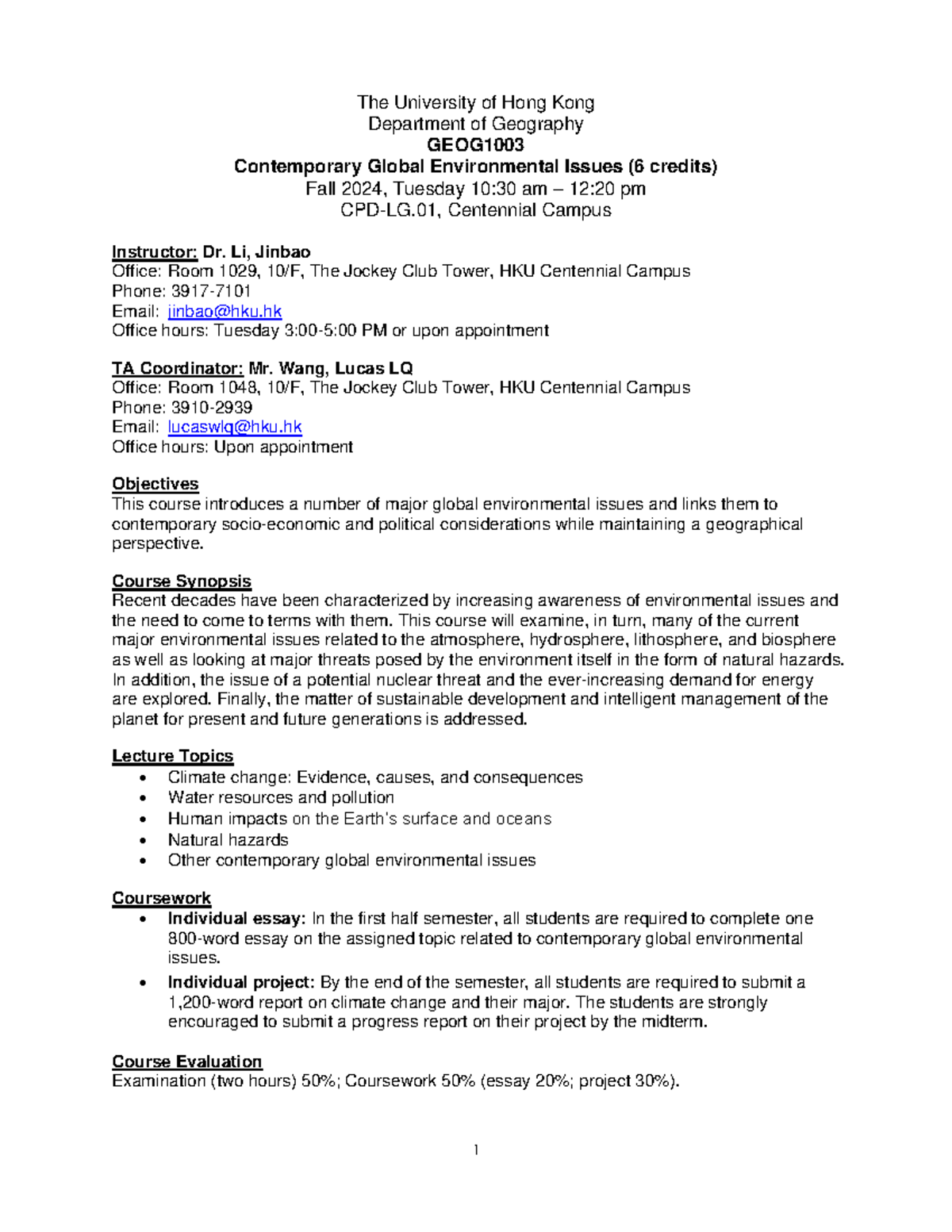 GEOG1003 Course Outline: Contemporary Global Environmental Issues - Studocu