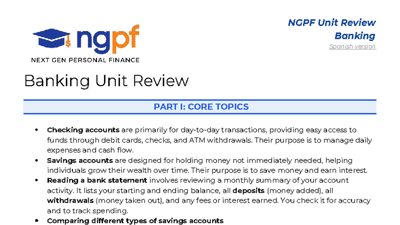 NGPF Unit 2 Banking Review: Key Concepts & Vocabulary (Spanish) - Studocu