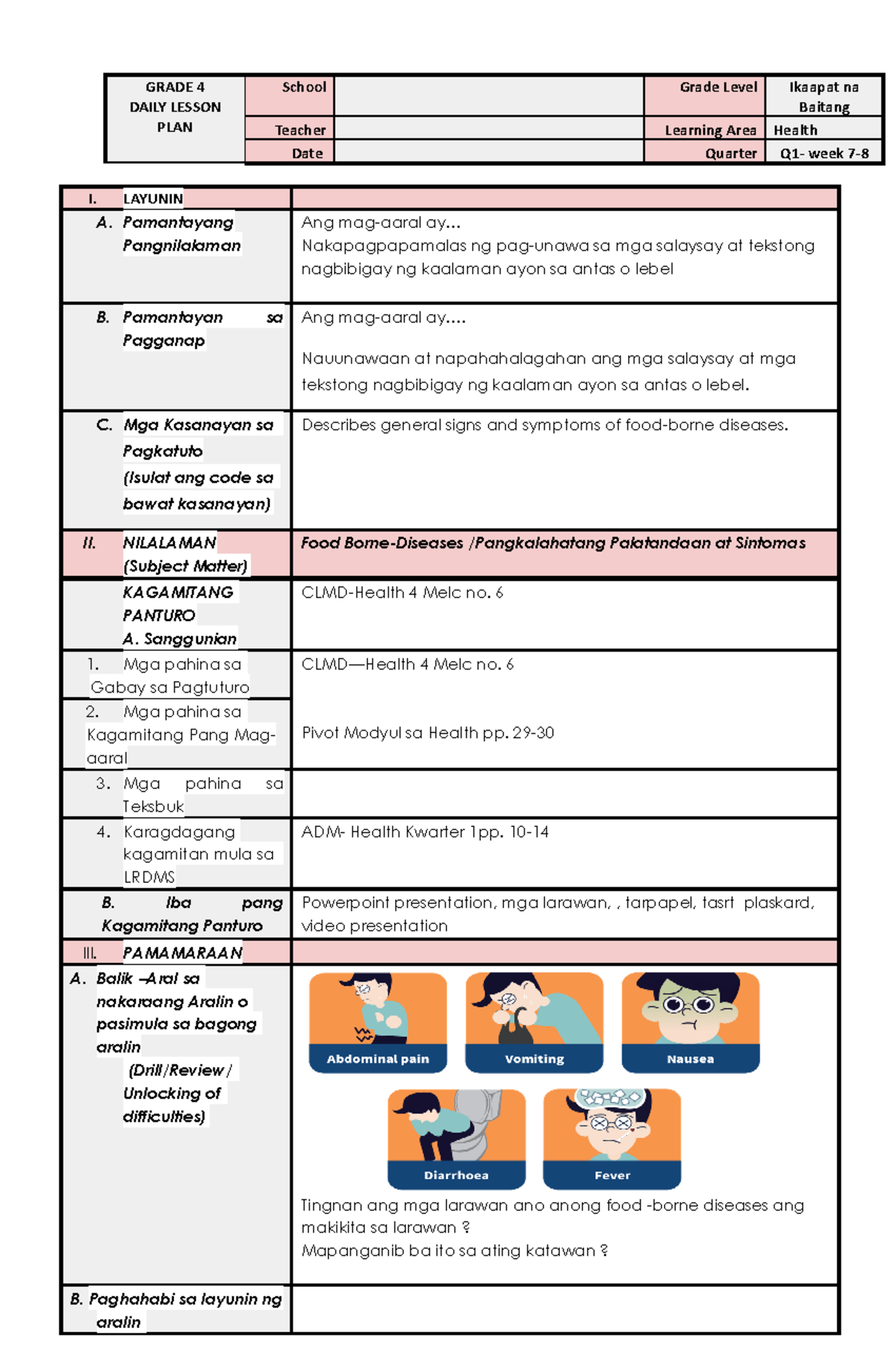 COT-Health 4 Q1 W-7 Lesson Plan on Food-Borne Diseases - Studocu