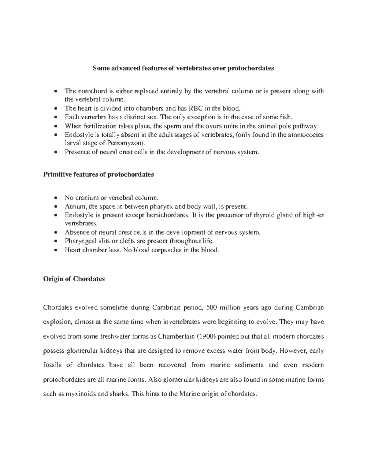 Origin of Chordates: Advanced Features of Vertebrates vs ...