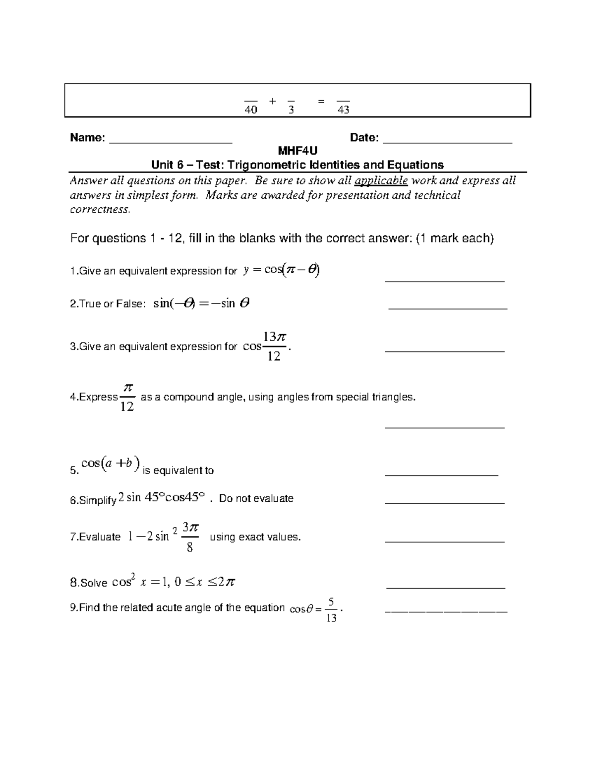 MHF4U Unit 6 Test: Trigonometric Identities & Equations - Studocu