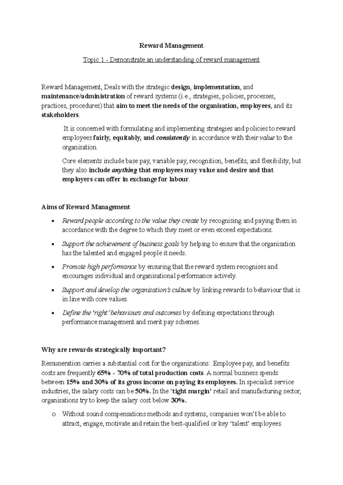 Reward Management - Study Notes (Topic 1-5) - Studocu