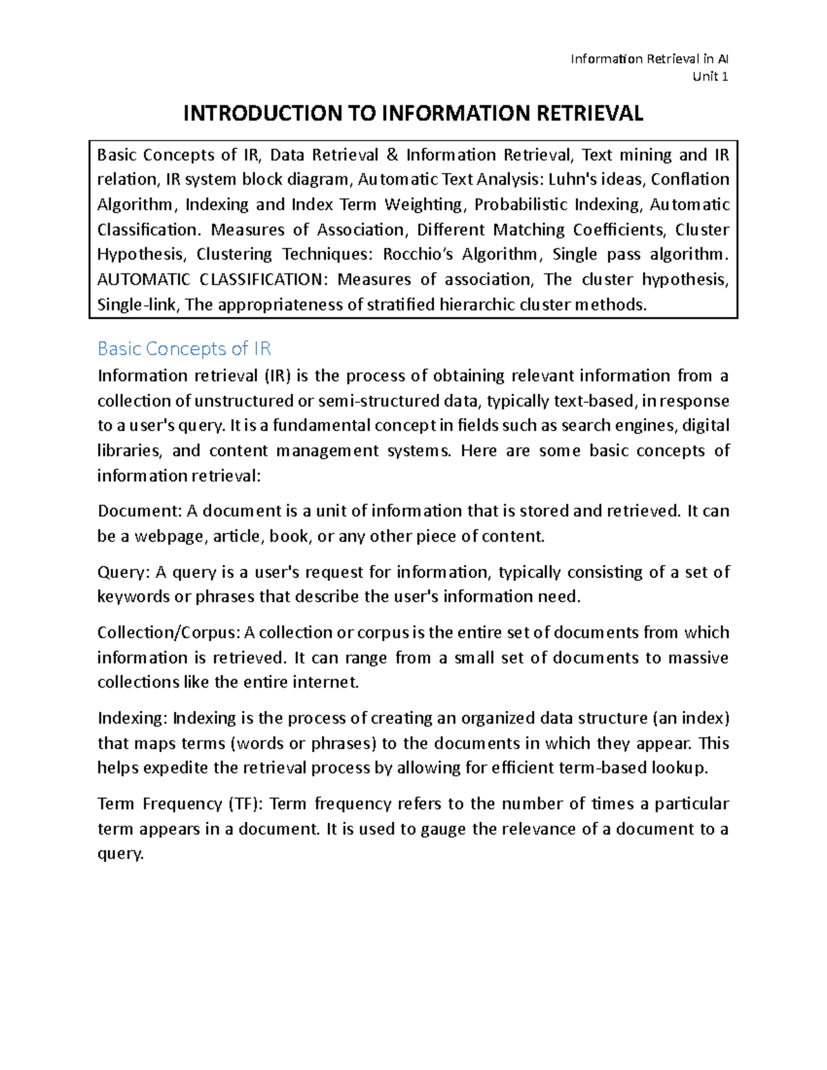 Introduction TO Information Retrieval - Unit 1 INTRODUCTION TO INFORMATION RETRIEVAL Basic ...