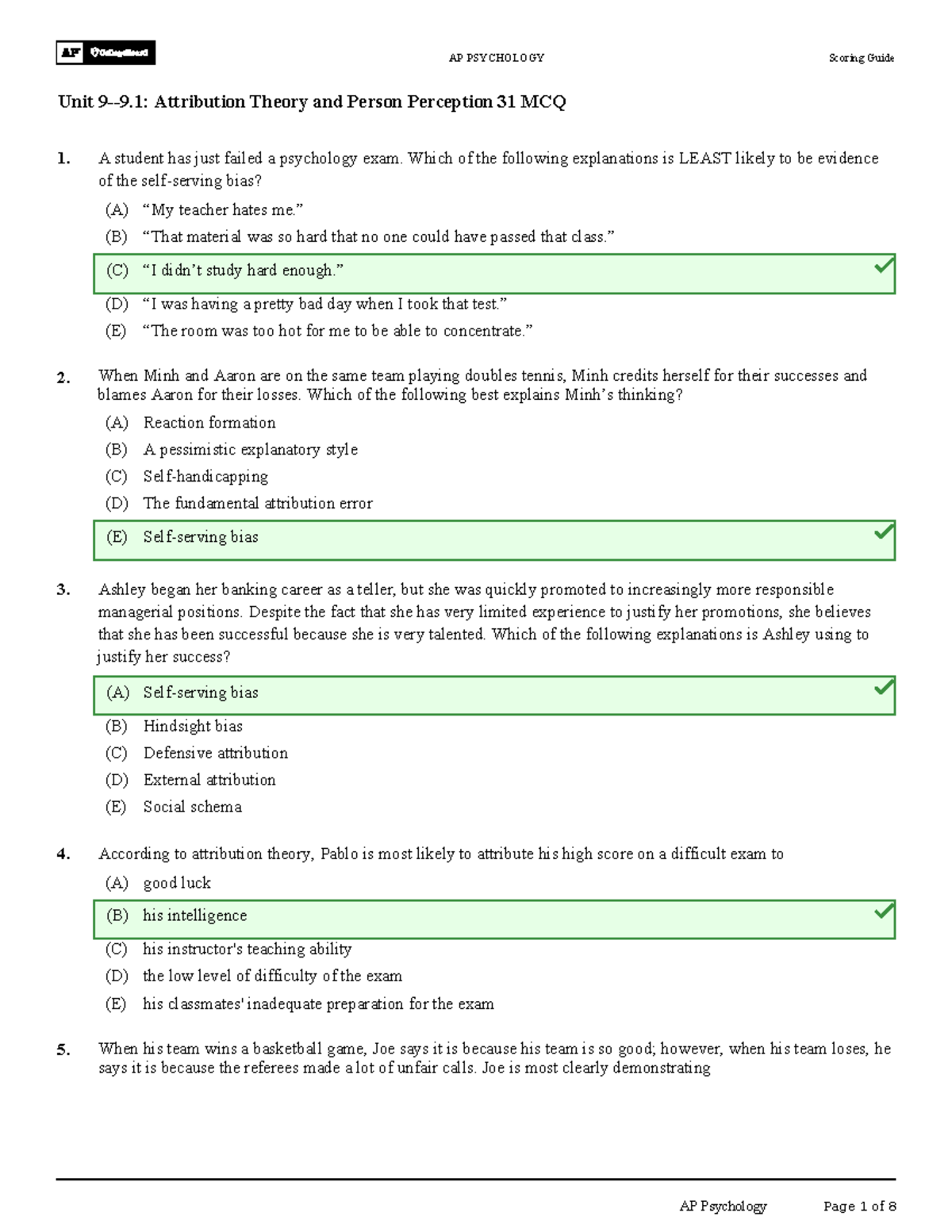 AP PSYCHOLOGY Scoring Guide: Unit on Attribution Theory & Person ...