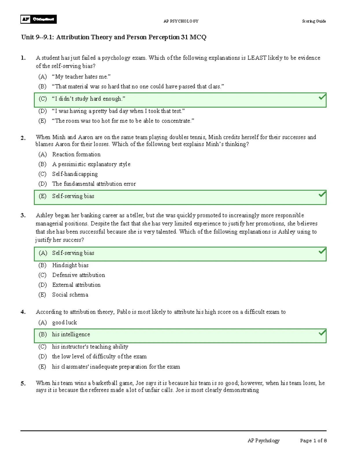 AP PSYCHOLOGY Unit 9: Attribution Theory and Social Cognition Review ...