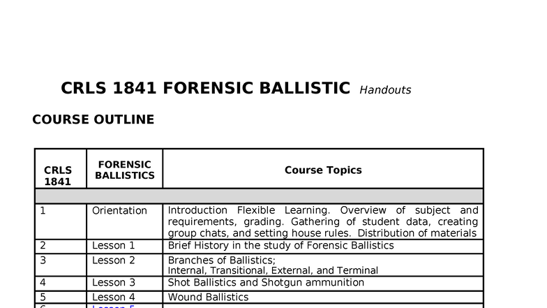 CRLS 1841 Forensic Ballistics Course Outline and Lesson Notes - Studocu