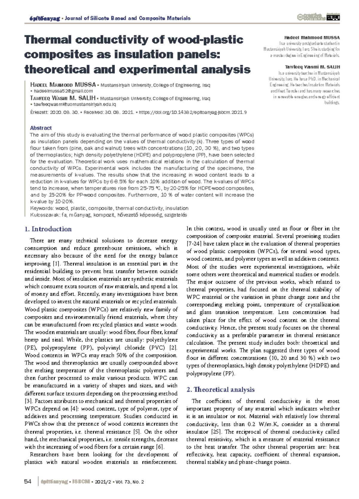 Thermal Conductivity Analysis of Wood Plastic Composites (WPCs ...