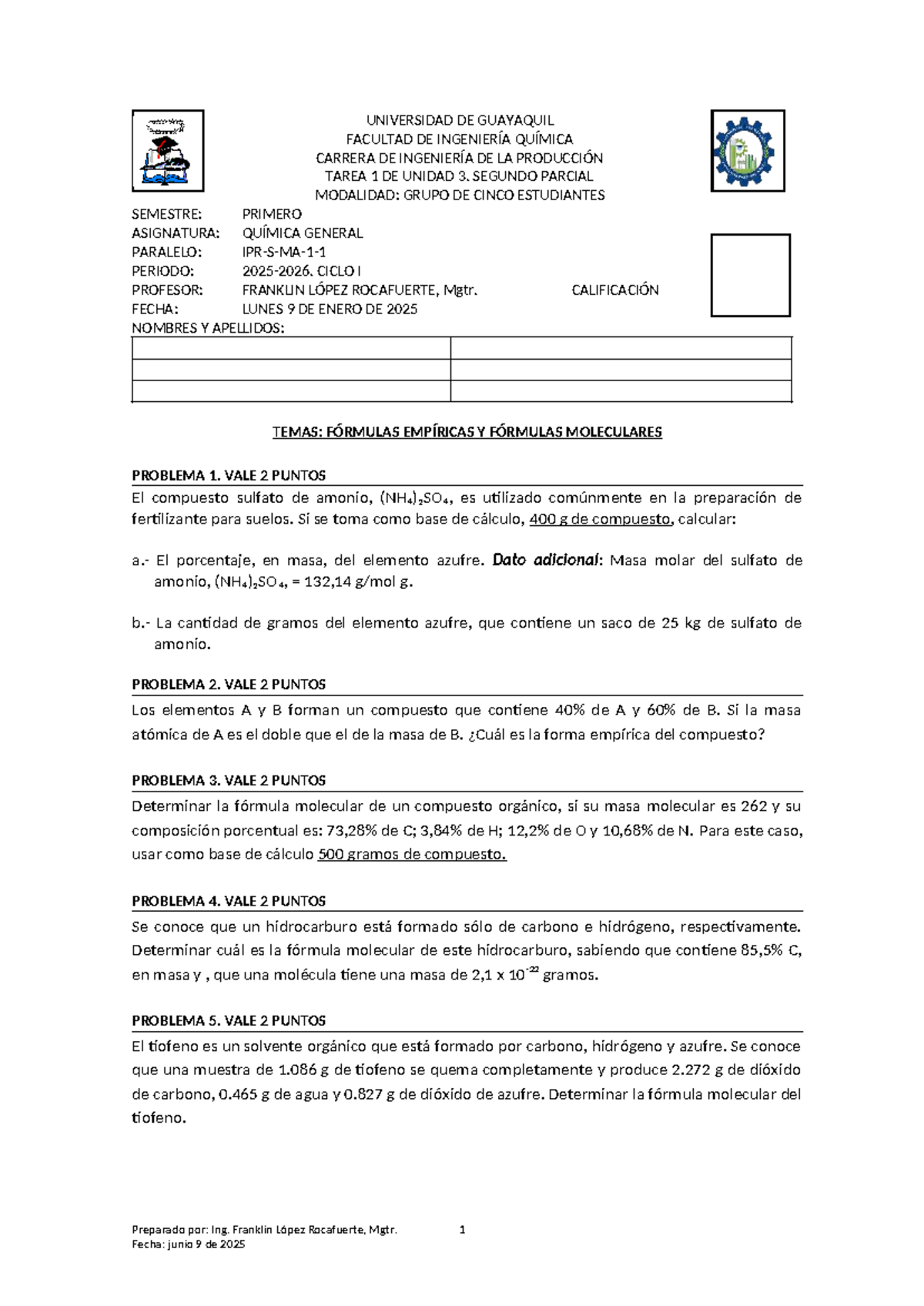Tarea 1 Unidad 3: Fórmulas Empíricas y Moleculares IPR-S-MA-1-1 CI 2025 ...
