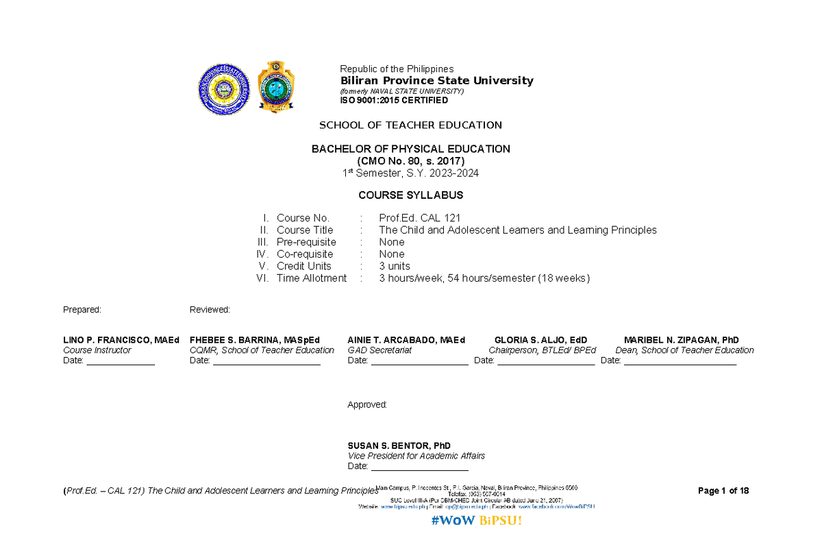 Syllabus-BPED 2A-The Child and Adolescent Learners & Learning ...