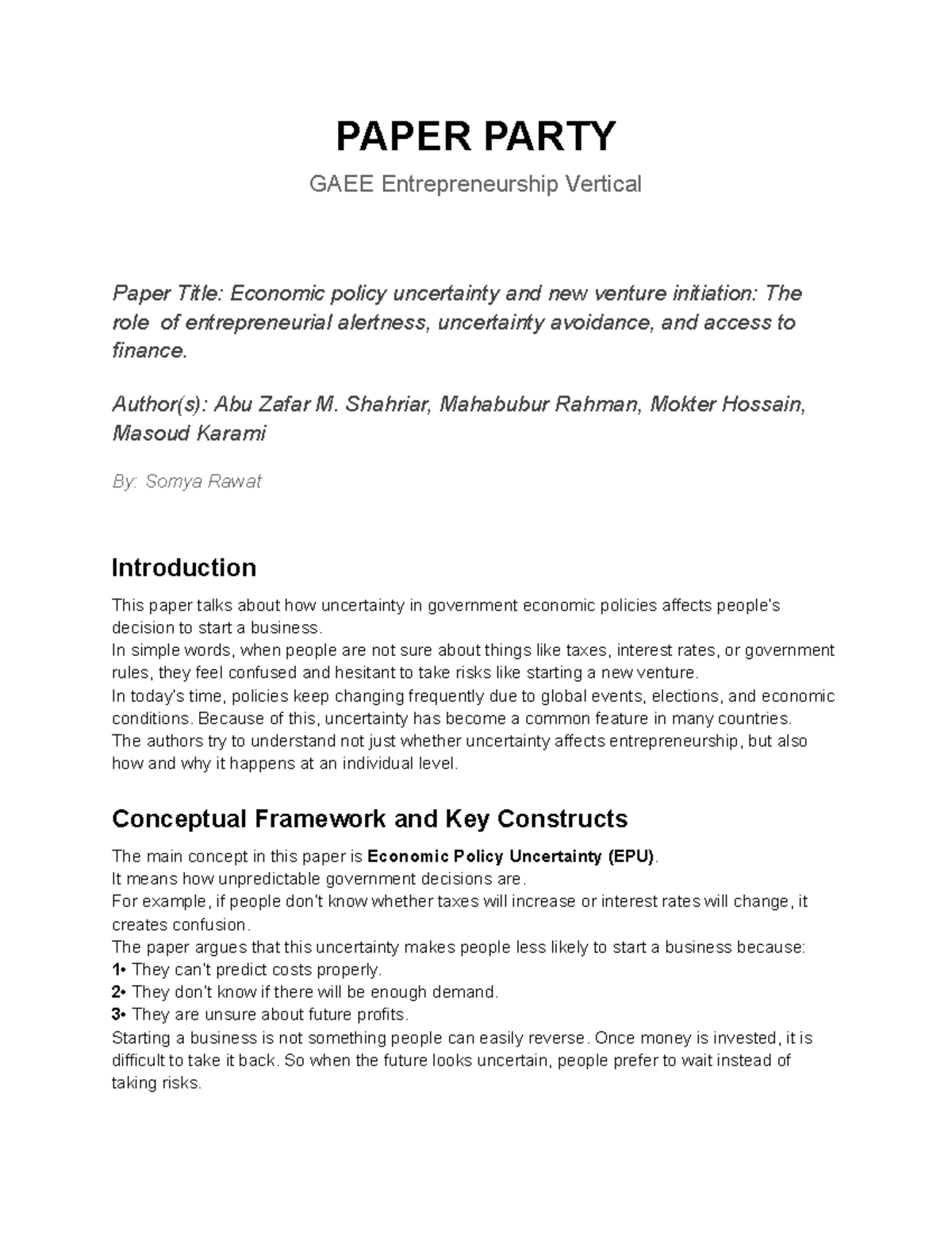 GAEE Entrepreneurship Paper: Economic Policy Uncertainty & New Ventures ...
