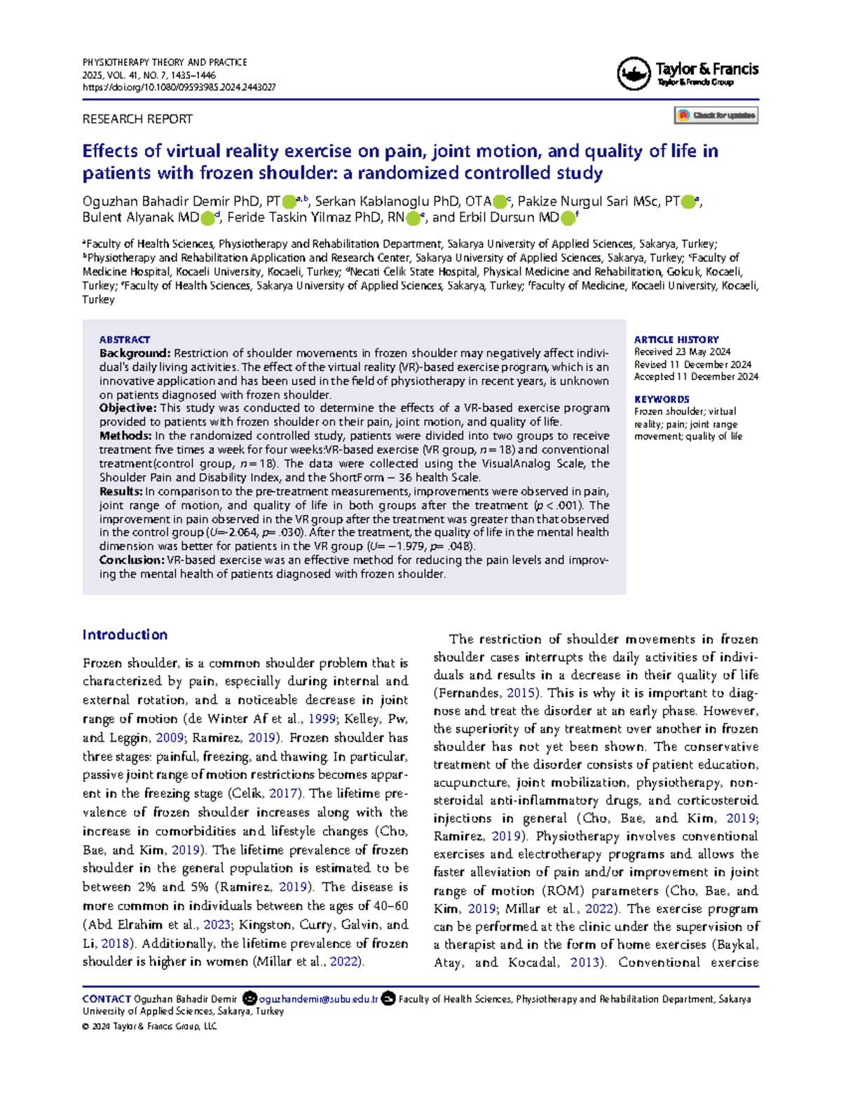 Effects of VR Exercise on Pain and Quality of Life in Frozen Shoulder ...
