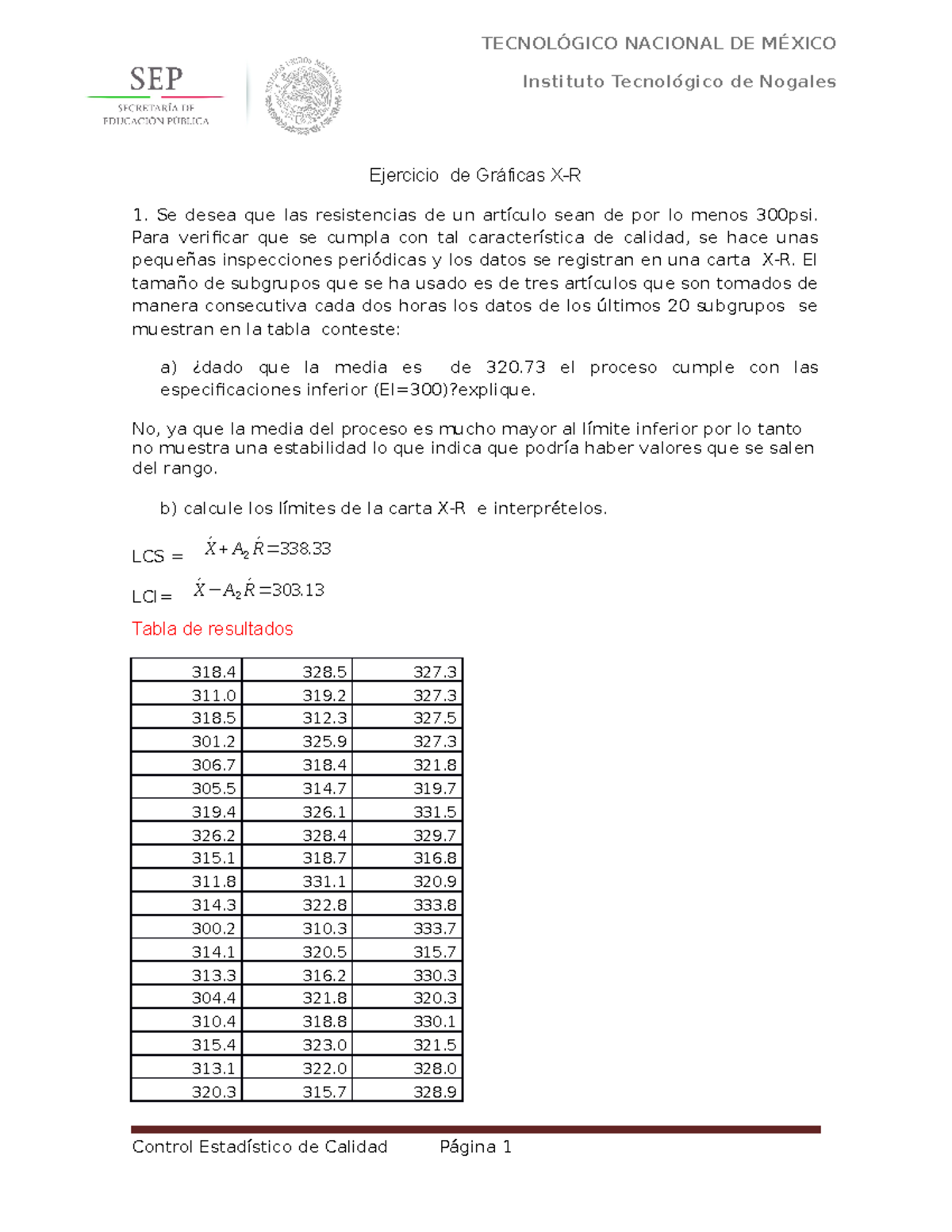 Ejercicio de Gráficas X-R y Capacidad en Control Estadístico - Studocu