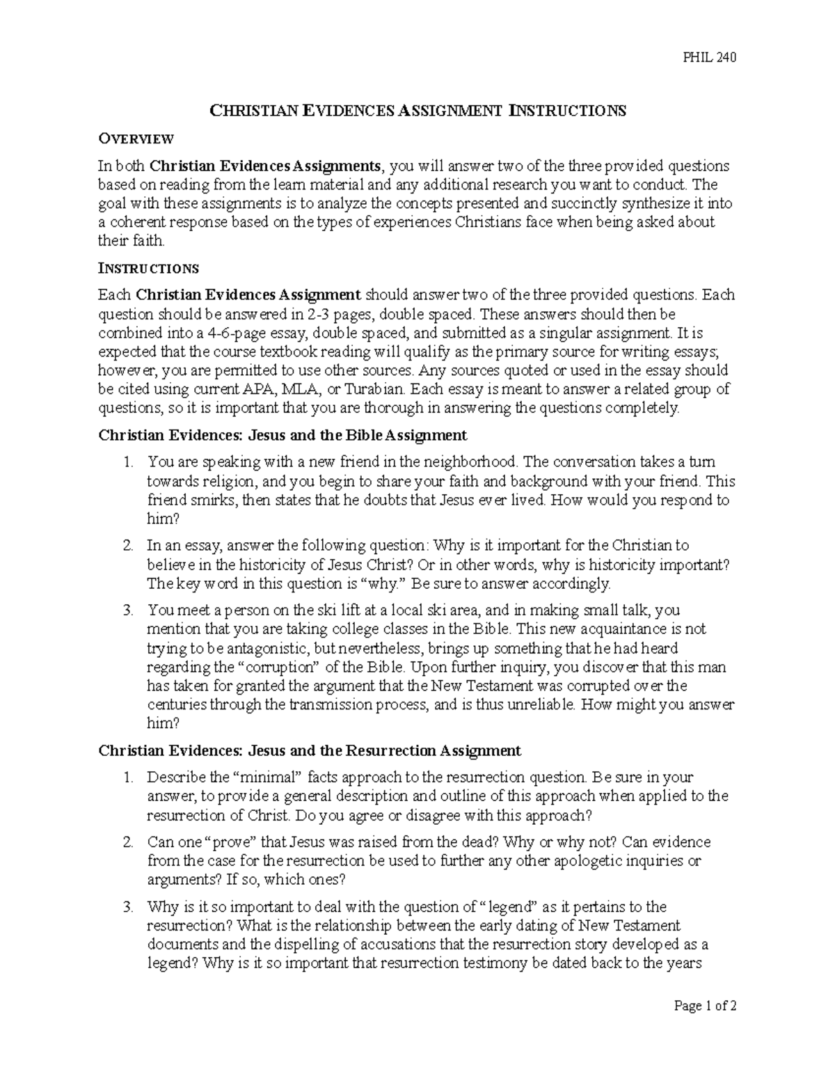 Christian Evidences Assignment Instructions - PHIL 240 CHRISTIAN ...