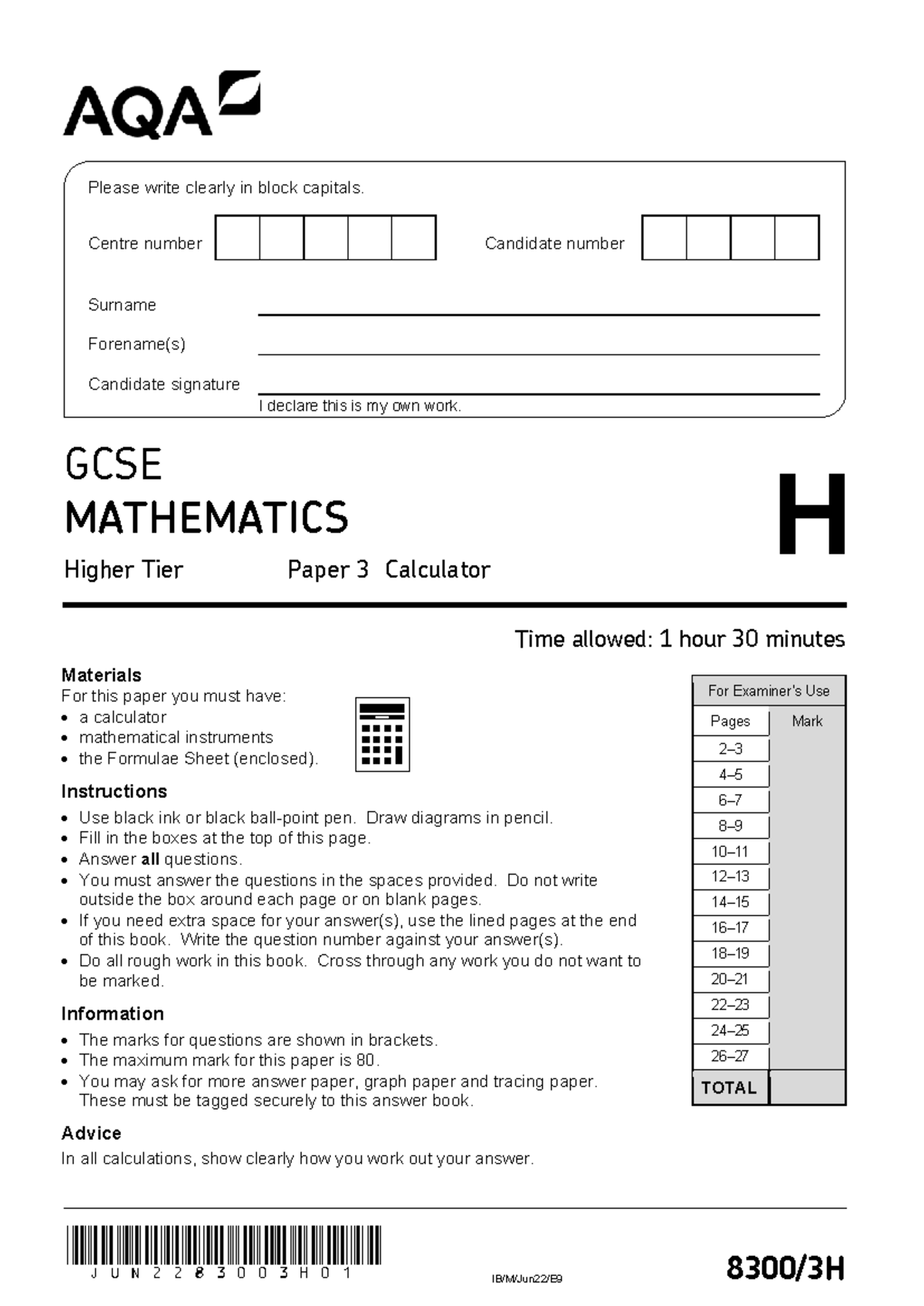 AQA 83003 H GCSE Maths Past Paper - Higher Tier June 2022 - Studocu