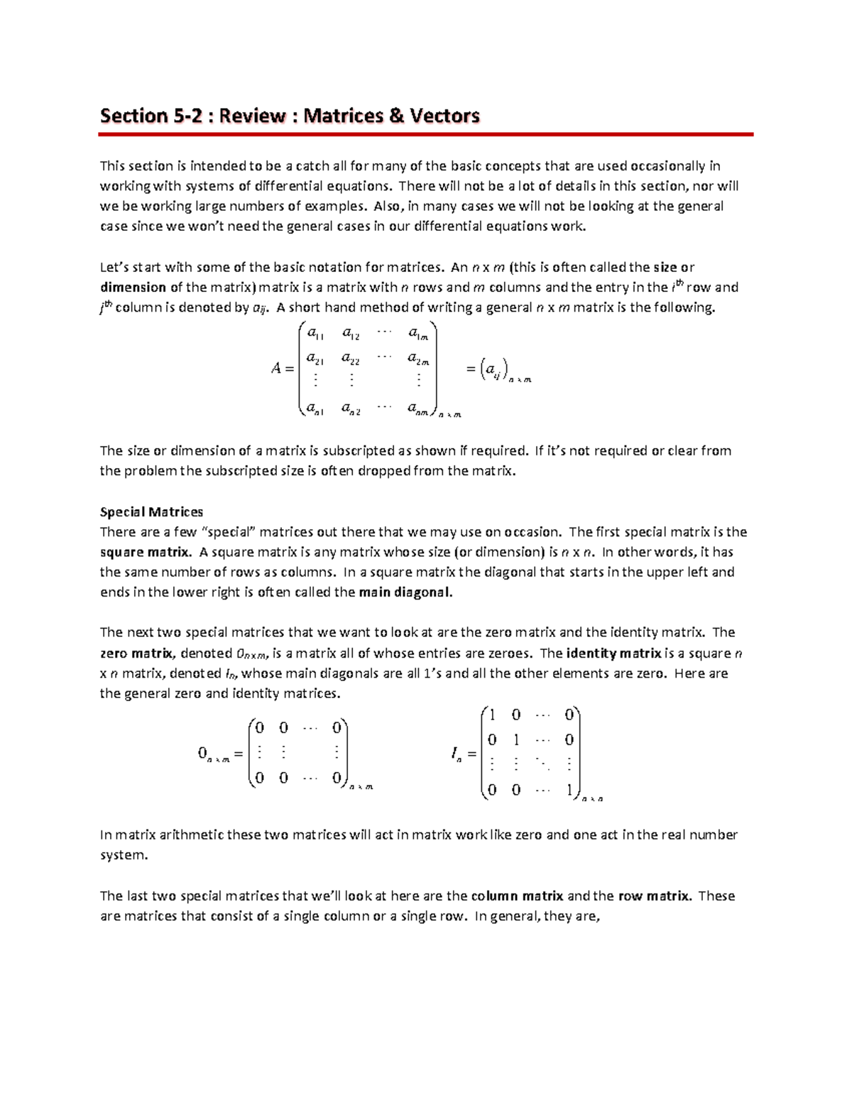 Paul's Online Notes: Matrices & Vectors Concepts (Math 101) - Studocu