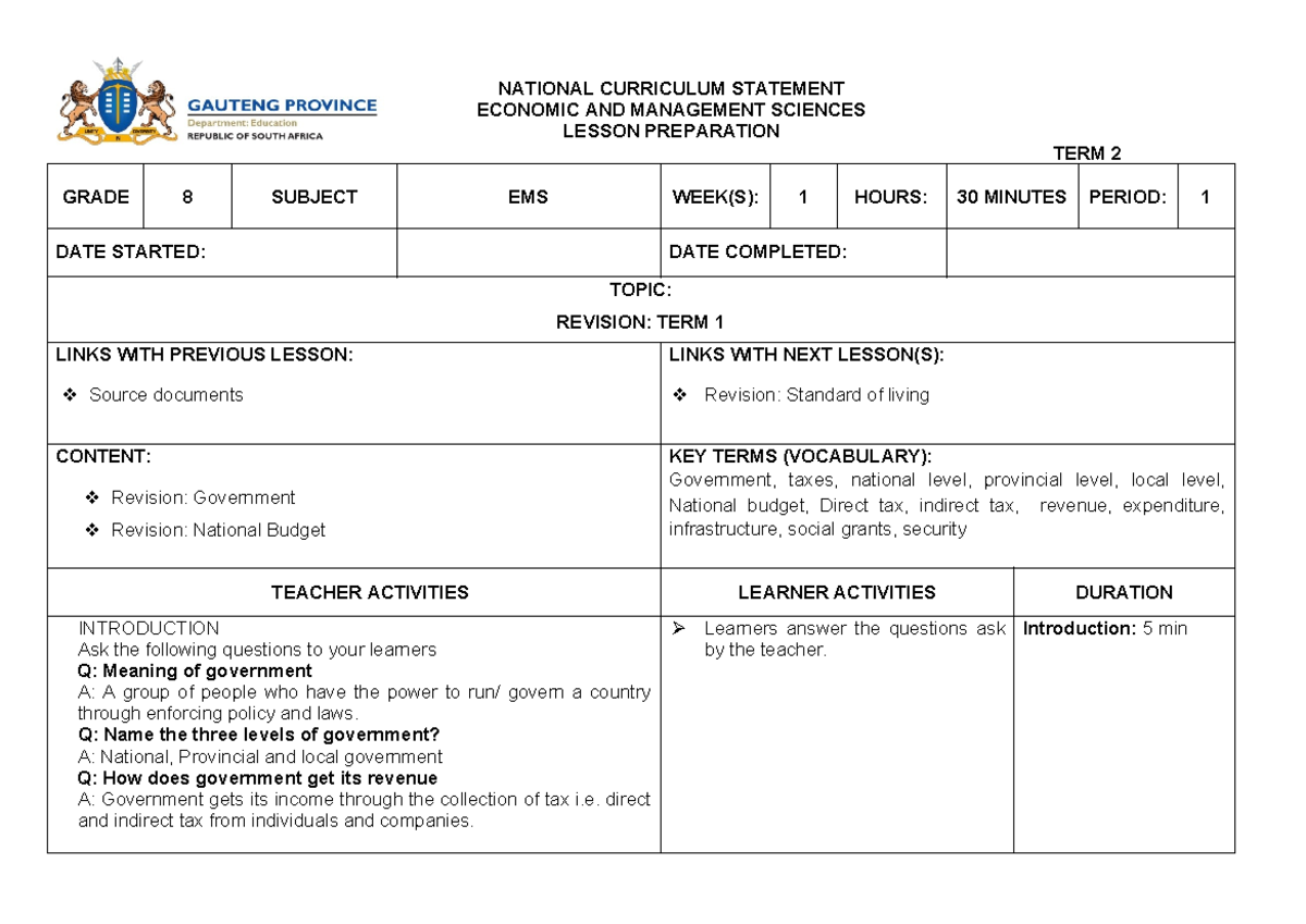 EMS Grade 8 Term 2 Lesson Plan: Government & National Budget Revision ...