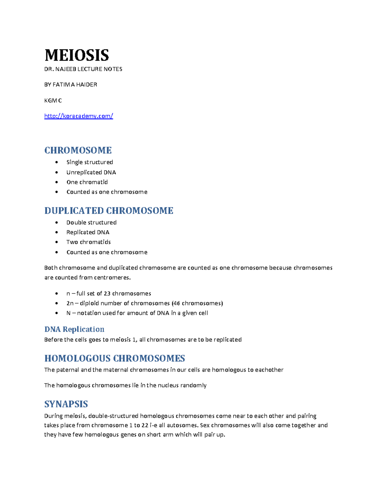 02 - Meiosis Lecture Notes by Dr. Najeeb: Chromosome and Gamete ...